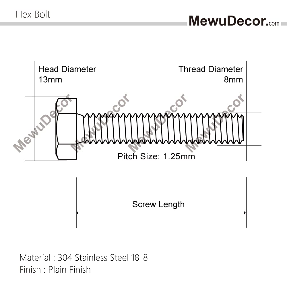 M8-1.25 x 20mm Hex Head Bolts Hexagon Screws, 304 Stainless Steel 18-8, Plain Finish, Fully Threaded, 25 PCS
