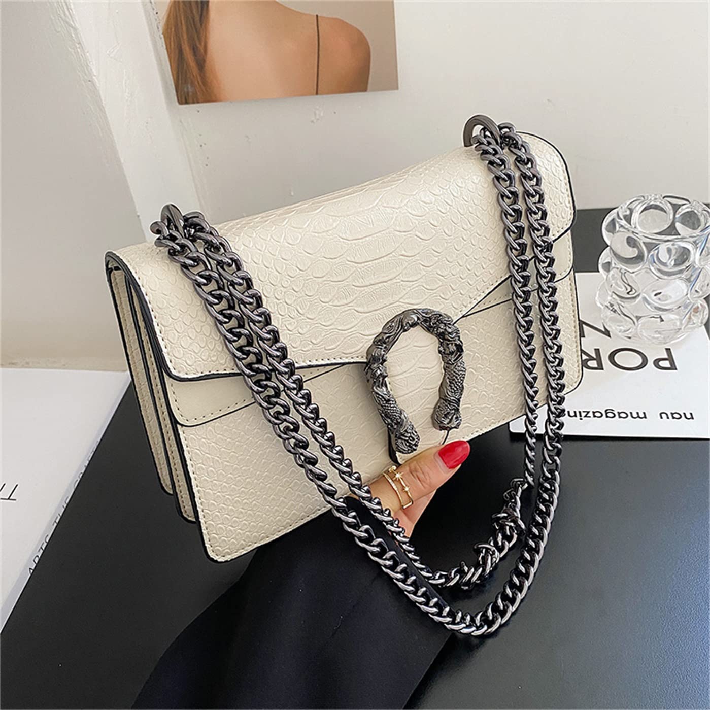 Crossbody Bags for Women Shoulder Hangbag Snake Printed Leather Small Square Satchel Purse Metal Chain Strap Clutch
