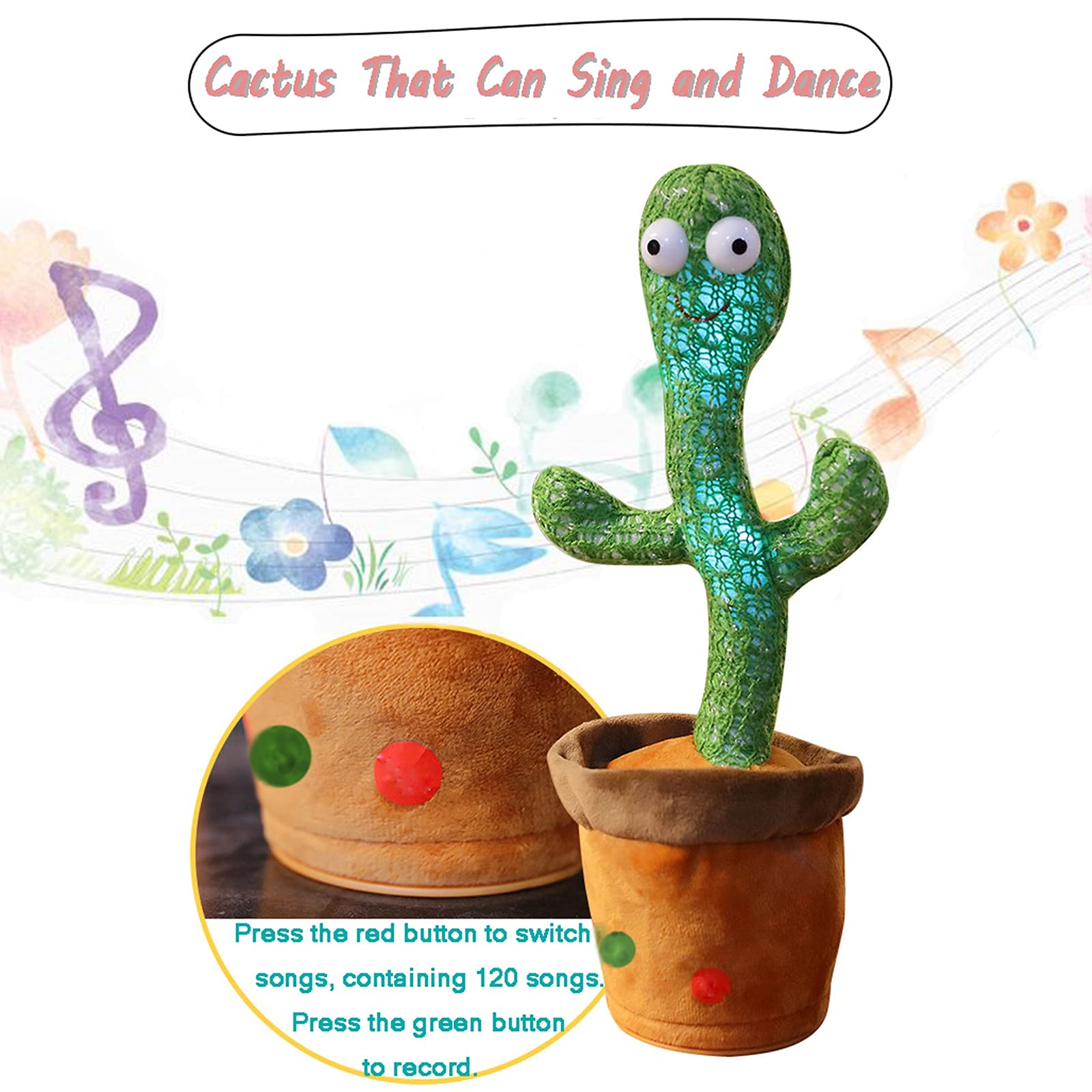 Dancing Cactus Talking Toy,Wriggle Singing Mimicking Cactus,Repeat What You Say,Sing,Dance,Recording,LED(120 Songs)