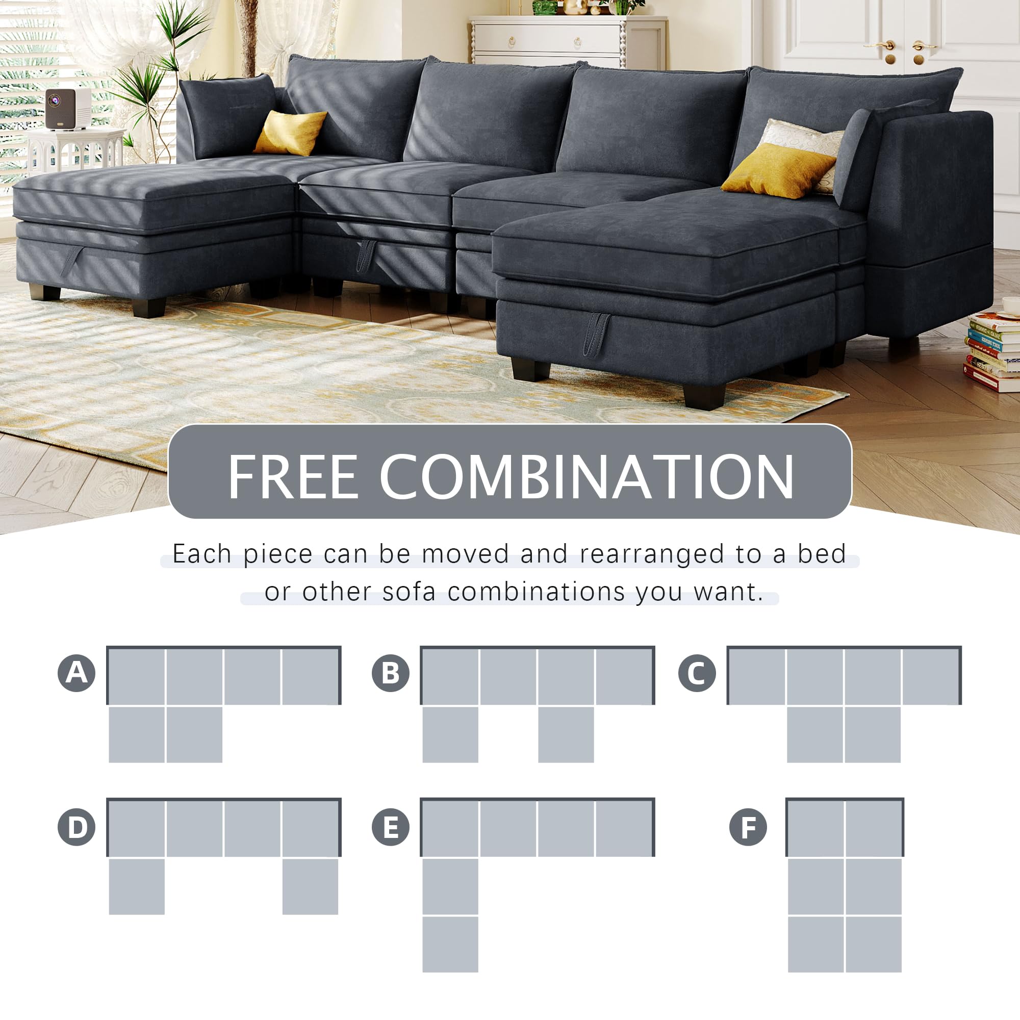 Merax Modular Sectional, Convertible Sofa Bed with Reversible Chaise for Living Room, Dark Gray