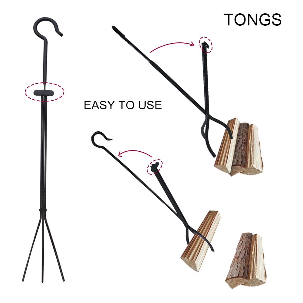 Babylon Fireplace Tools Log Rack Set with 4 Piece Tools Wrought Iron Black Fireplace Tools Firewood Holder Carrier Storage Rack with Brush Shovel Poker Tongs for Indoor Outdoor