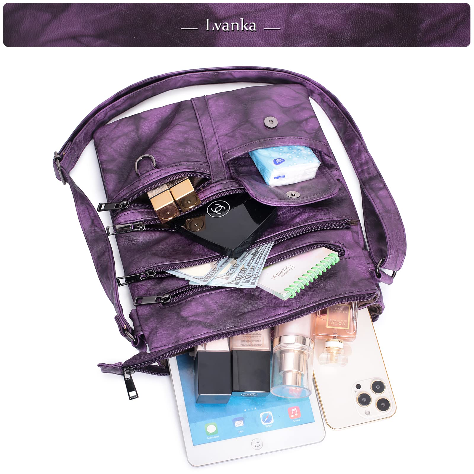 Crossbody Purses for Women Double Zipper Pockets Soft Vegan Leather Shoulder Bag with Adjustable Strap (Purple)