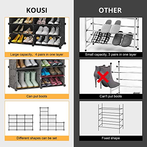 KOUSI Portable Shoe Rack Organizer 48 Pair Tower Shelf Shoe Storage Cabinet Stand Expandable for Heels, Boots, Slippers, 8 Tier Black