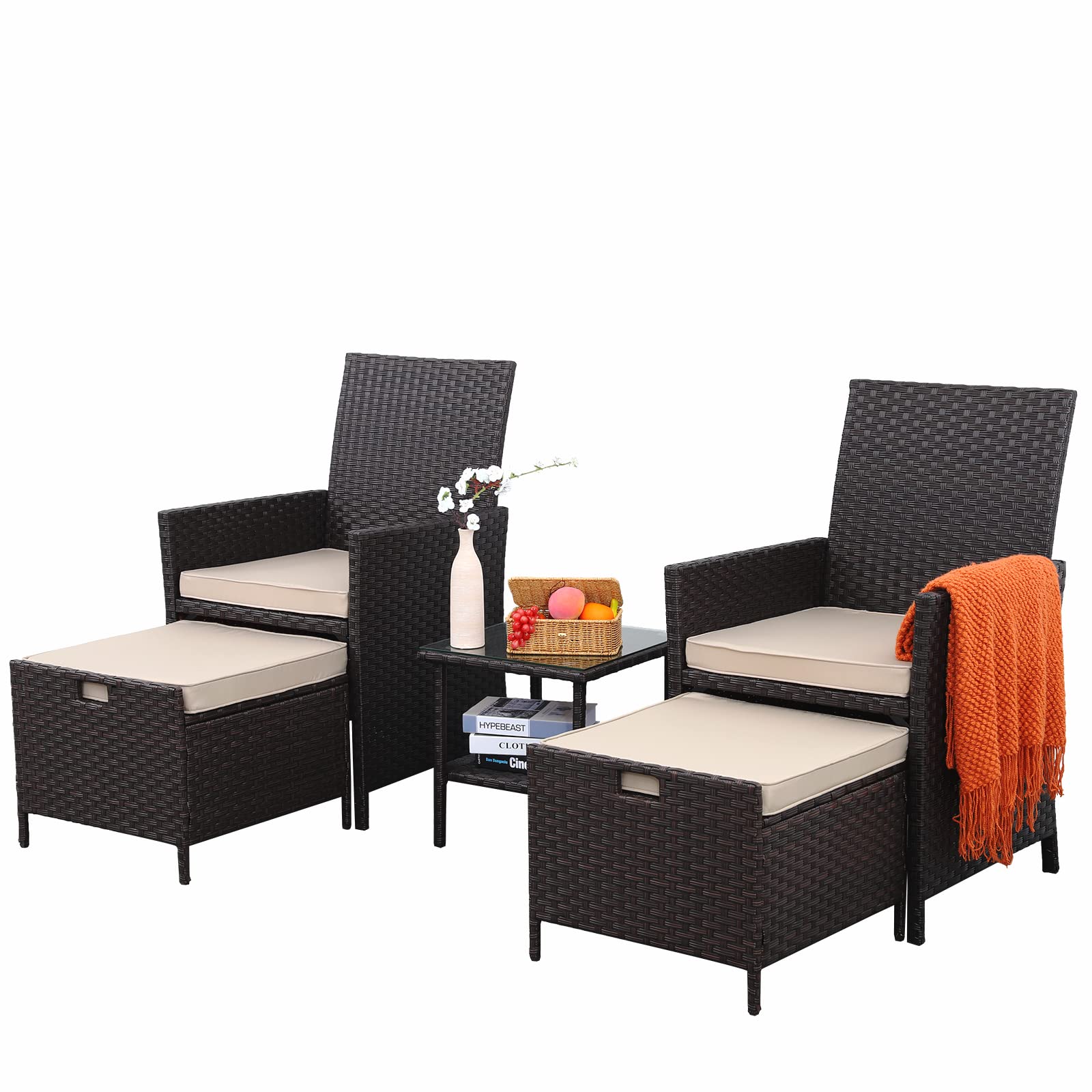 5 Pieces Patio Sectional Conversation Sets Outdoor Wicker Furniture Garden Sofa and Table All Weather Galvanized Steel Frame Khaki Cushions