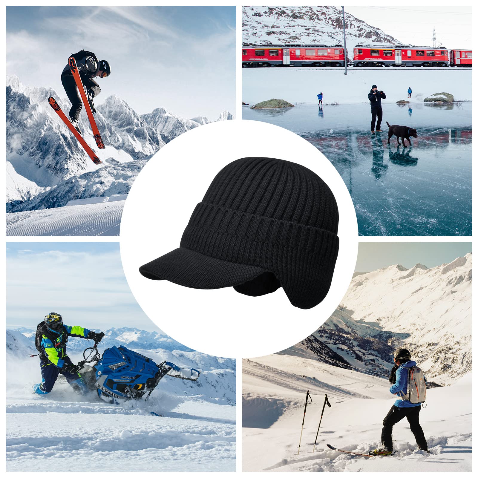 AkiiGer Men's Winter Hat Beanie with Brim, Warm Earflaps Hat for Men, Thick Fleece Lined Knit Beanie Outdoor(Black)