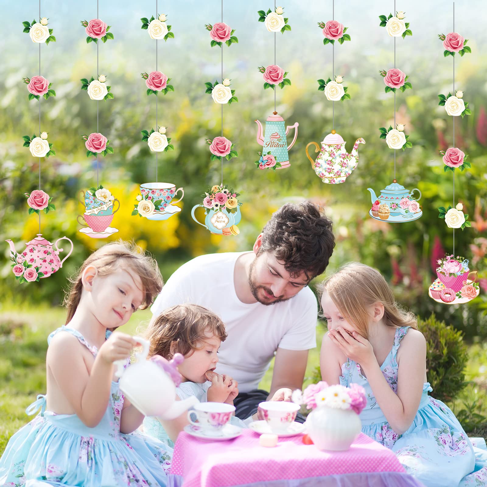 Tea Party Decorations Floral Tea Party Double Sided Hanging Garland Decorations Favors for Baby Shower Gender Reveal Birthday Bridal Wedding Girls Tea Party Birthday Decorations 32" 8 Pack