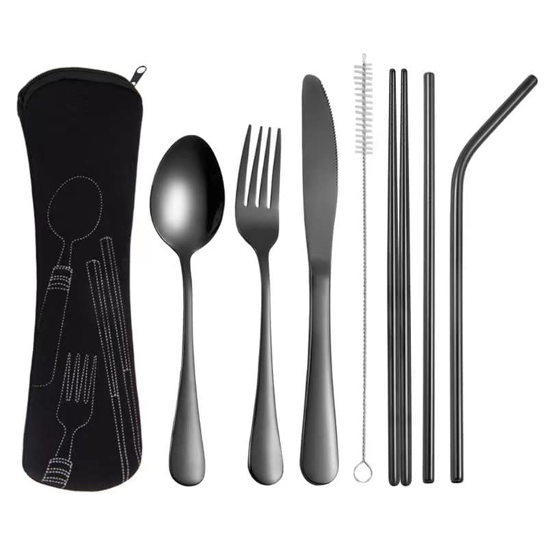Alikpop Portable Lunch Cutlery Sets-Straw, Straight Straw, Knife, Fork, Spoon, Chopsticks, Cleaning Brush 8 Piece Kpop Merchandise Bangtan Boys Merch Travel Camping Utensils Set (Black)