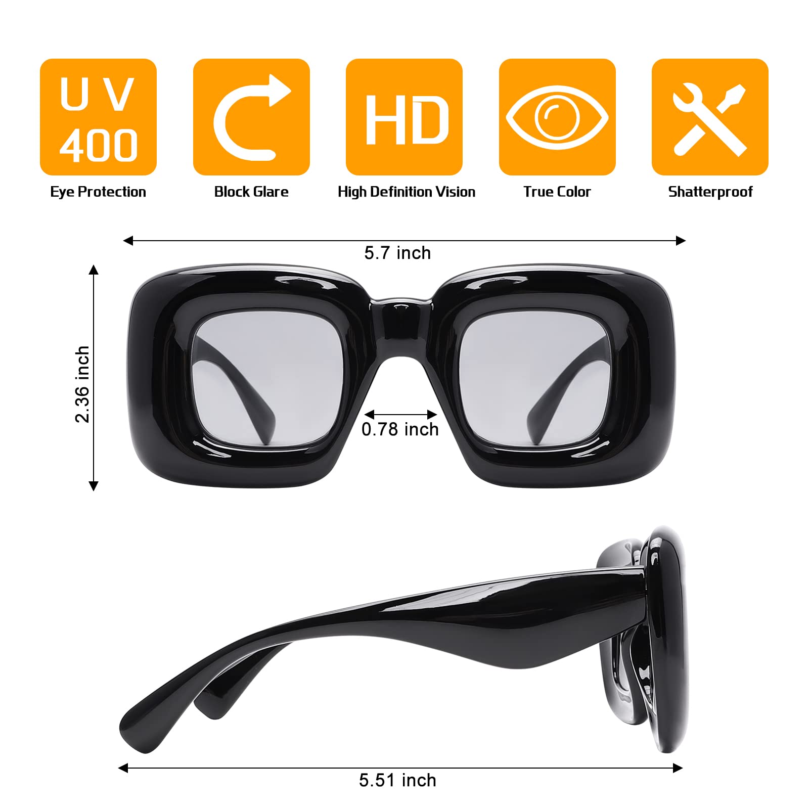 Akirawang Fashion Square Inflated Sunglasses for Women Men Oversized Thick Frame Trendy Glasses Mask Shades Designer Style