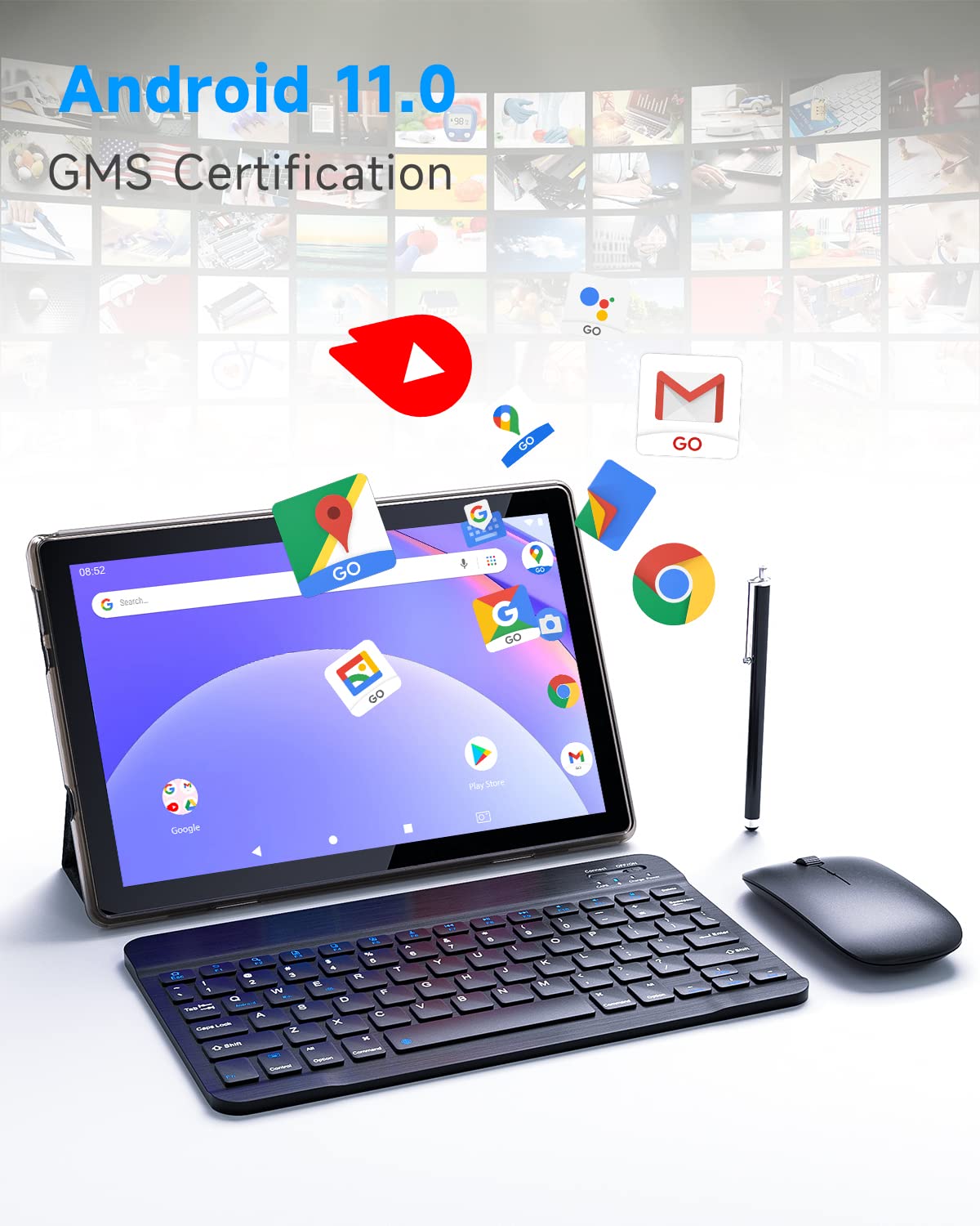Android Tablet 10 Inch Tablets, 2 in 1 Tablet With Keyboard Include Mouse Case Stylus Tempered Film 5G Wifi Wifi6 128GB ROM+6GB RAM 10 IN IPS 8MP Camera 6000mAh Battery 10.1" FHD Android 11 Tab Black