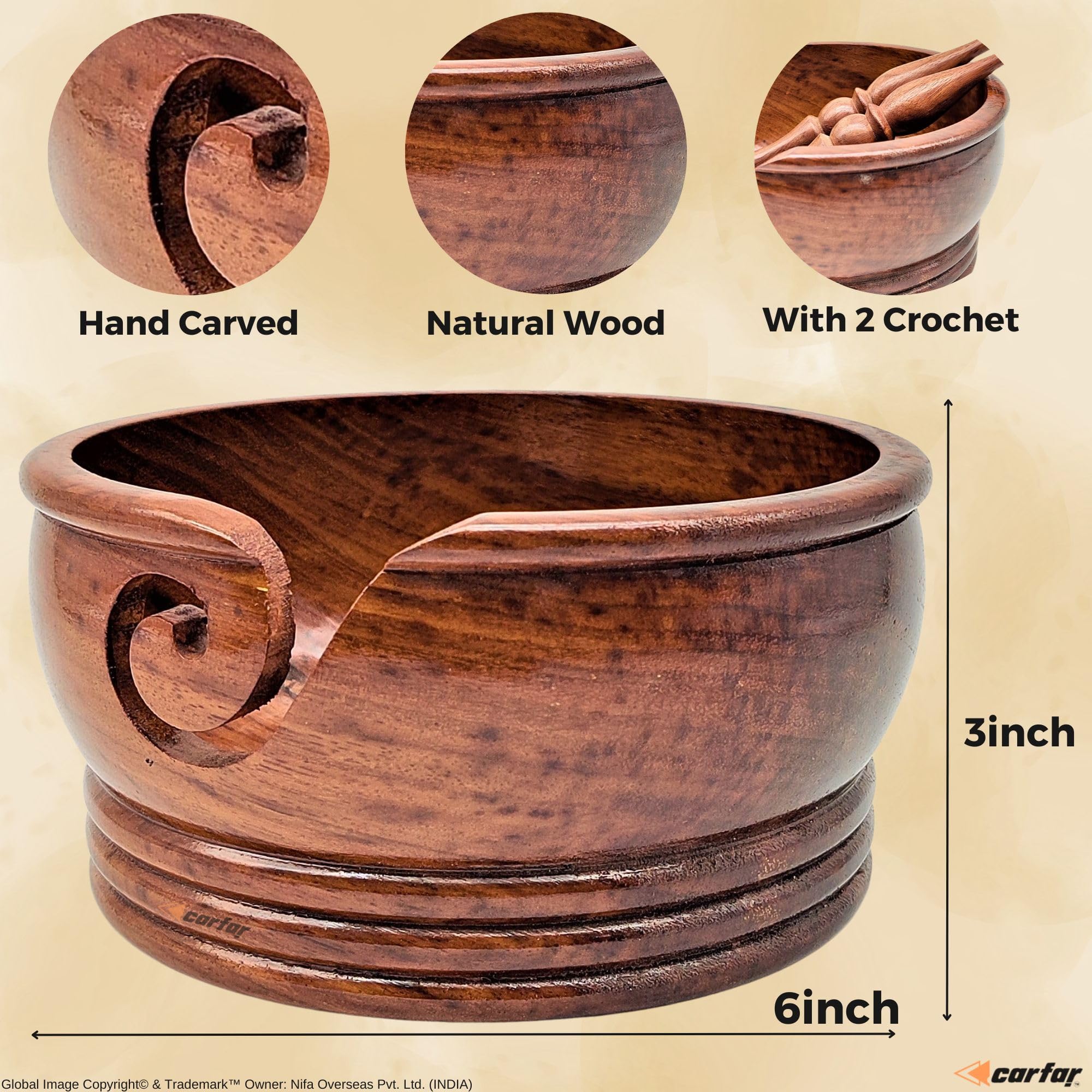 Carfar Knitting Yarn Bowl & Crochet Hooks Set Handmade Wooden Yarn Holder Bowl for Crocheting and Knitting