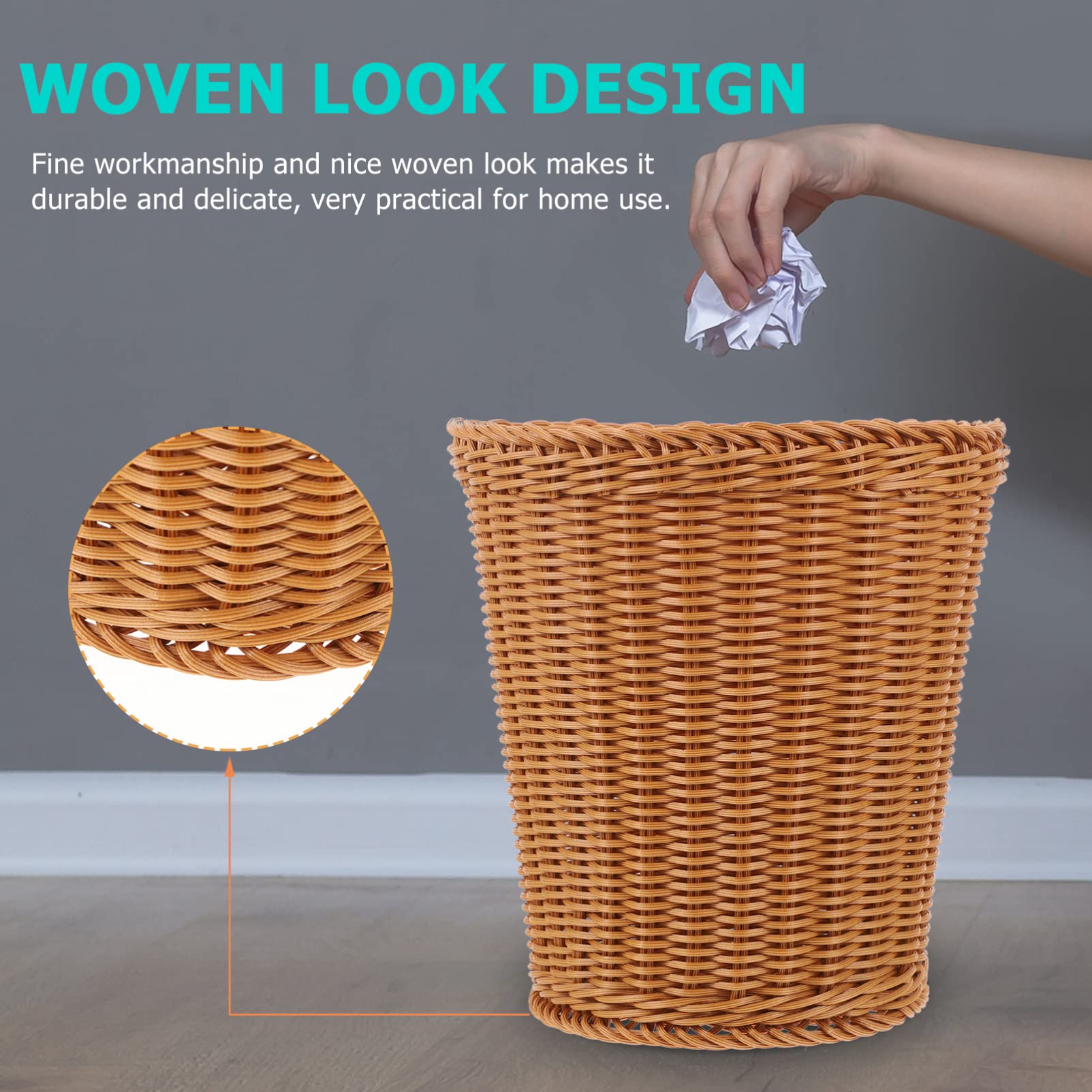 LIFKOME Round Rattan Waste Basket Woven Trash Can Paper Waste Basket Straw Wicker Sundries Storage Holder Garbage Container Bin for Bathroom Kitchen Office Brown