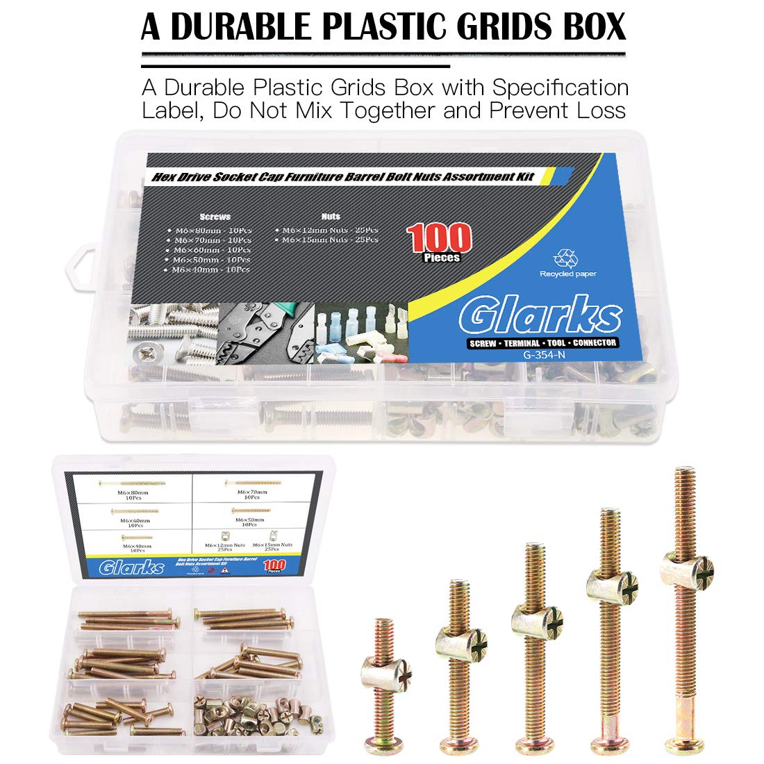 Glarks 100Pcs Zinc Plated M6 x 40/50/60/70/80mm Hex Socket Head Cap Screws Bolts Furniture Crib Bolts with Barrel Nuts Assortment Kit