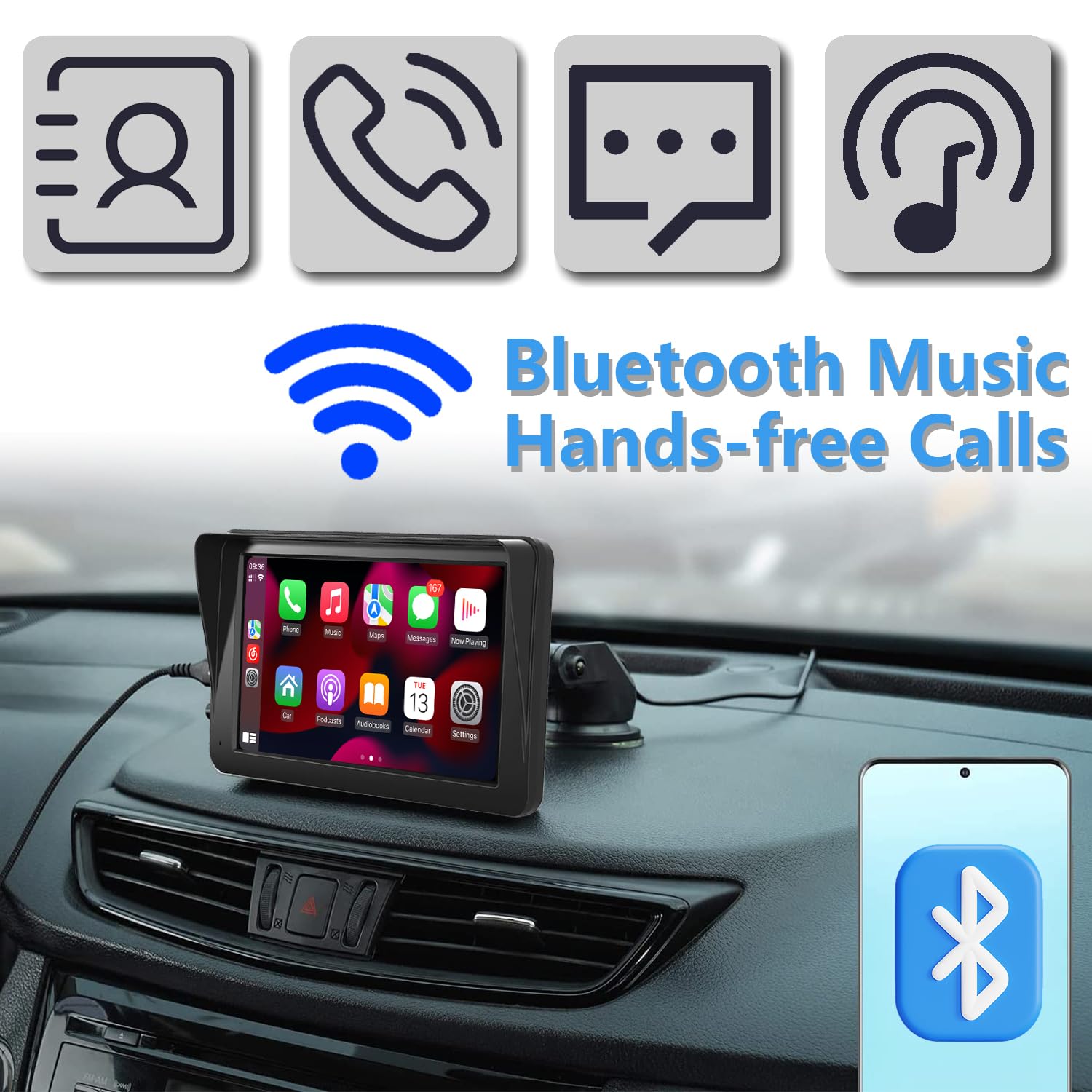7" HD Car Stereo,Portable Wireless Touch Screen Apple CarPlay and Android Auto Automatic Multimedia Player,Car Stereo with Mirror Link/Siri/Bluetooth/Navigation Screen for All Vehicles