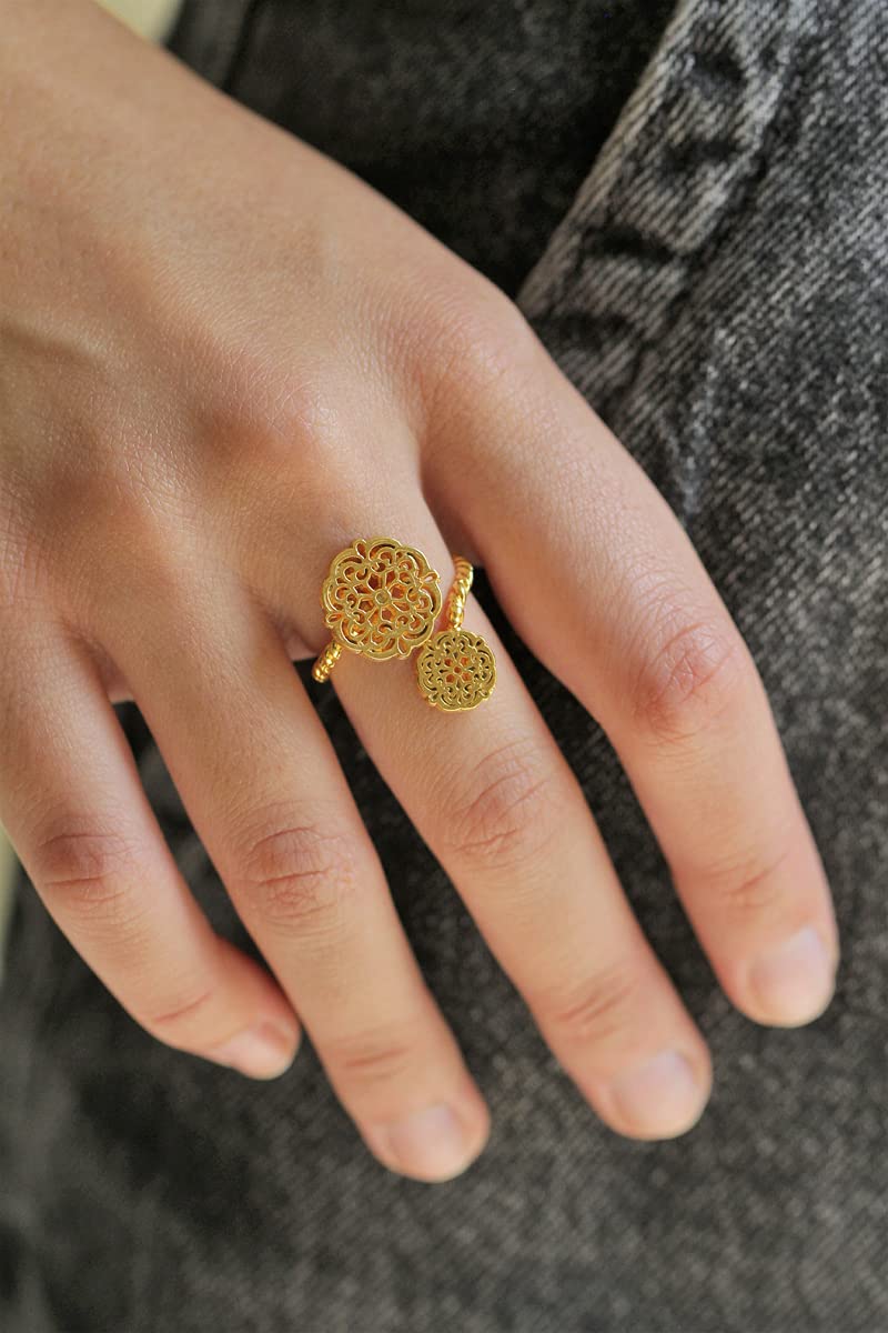 ablime | Women adjustable gold plated ring with a double mandala design
