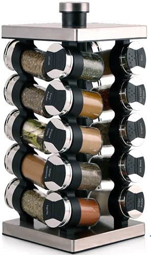 Orii Rotunda 20 Jar Spice Rack Filled with Spices & Top Label - Rotating Standing Rack Shelf Holder & Countertop Spice Rack Tower Organizer for Kitchen Spices, Free Spice Refill for 5 Years