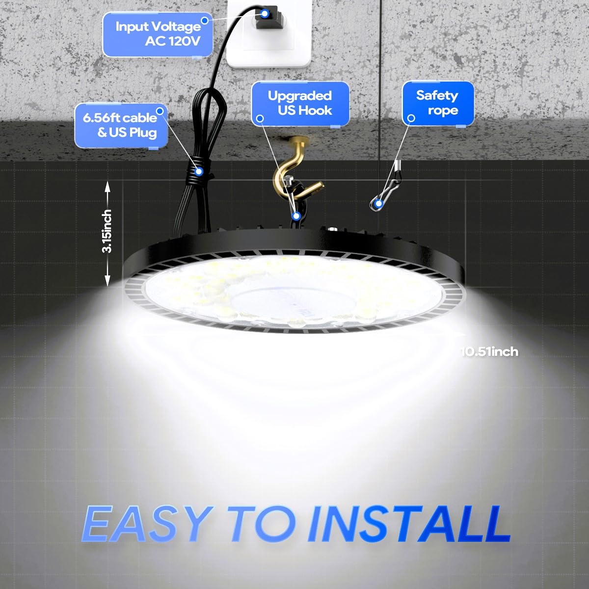 POLARPRA LED High Bay Light 200W, 30KLM 6500K UFO High Bay LED Shop Light with 6ft US Plug Cable, IP65 120VAC Commercial Bay Lighting Fixture for Warehouse Workshop Factory Gym Garage Barn