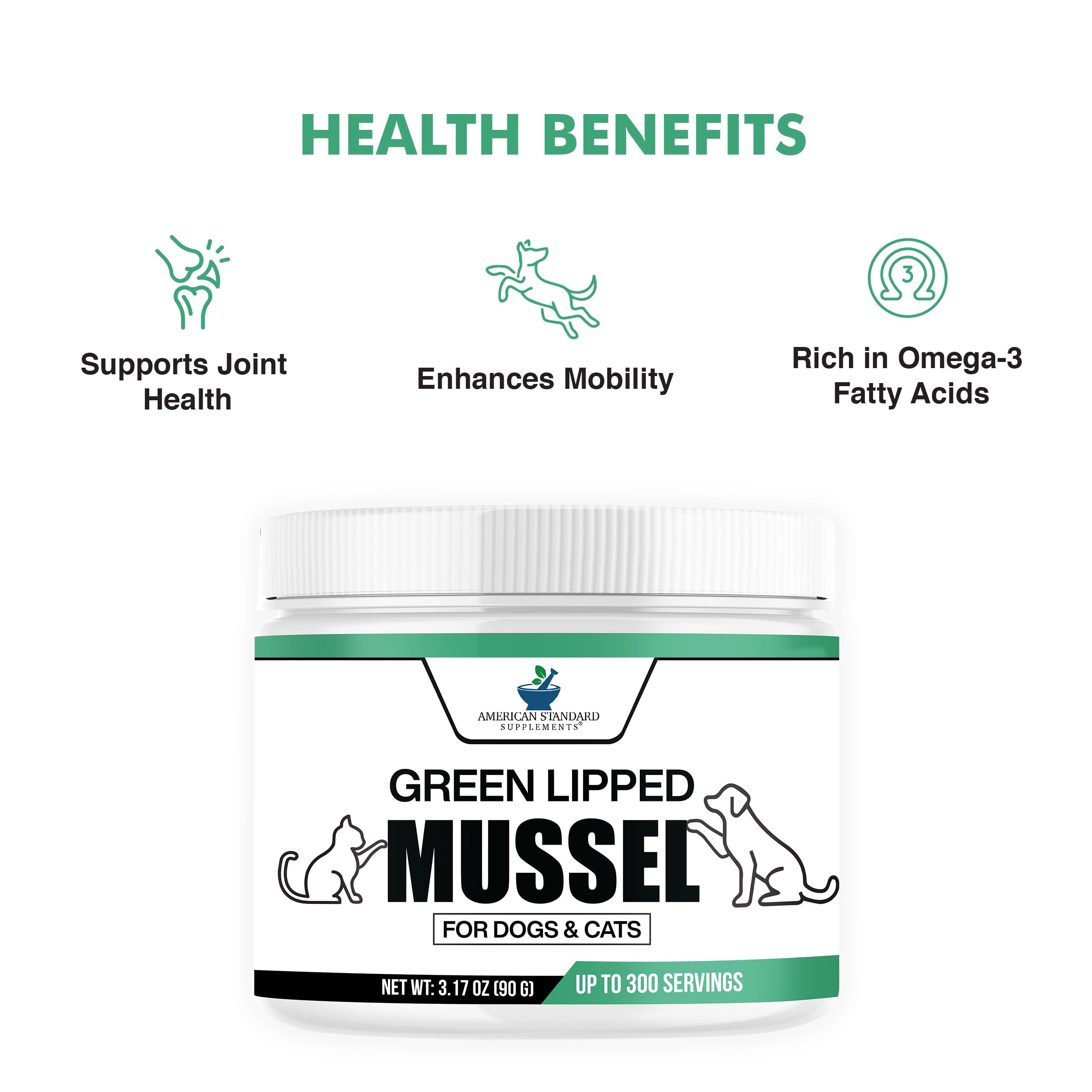 American Standard Supplements Green Lipped Mussel Powder for Dogs & Cats - Joint & Mobility Support - 3.17 oz (90g)
