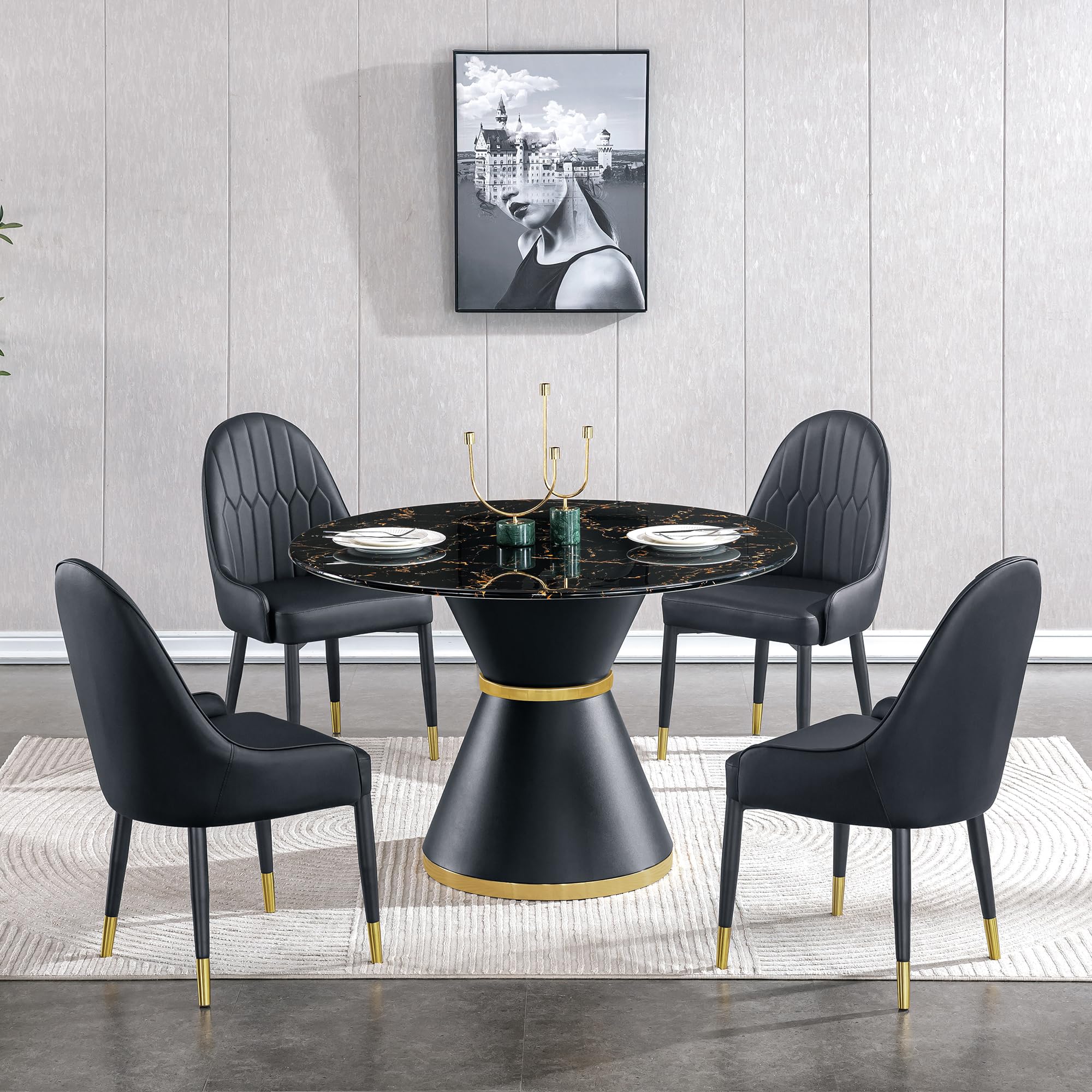 5-Piece Dining Table Set, Compact Modern Table & Chair Set for Home, Apartment w/ 4 PU Learther Dining Chairs, 47'' Round Dining Table with Faux Marble Tabletop (Black Table+4 Black Chairs)
