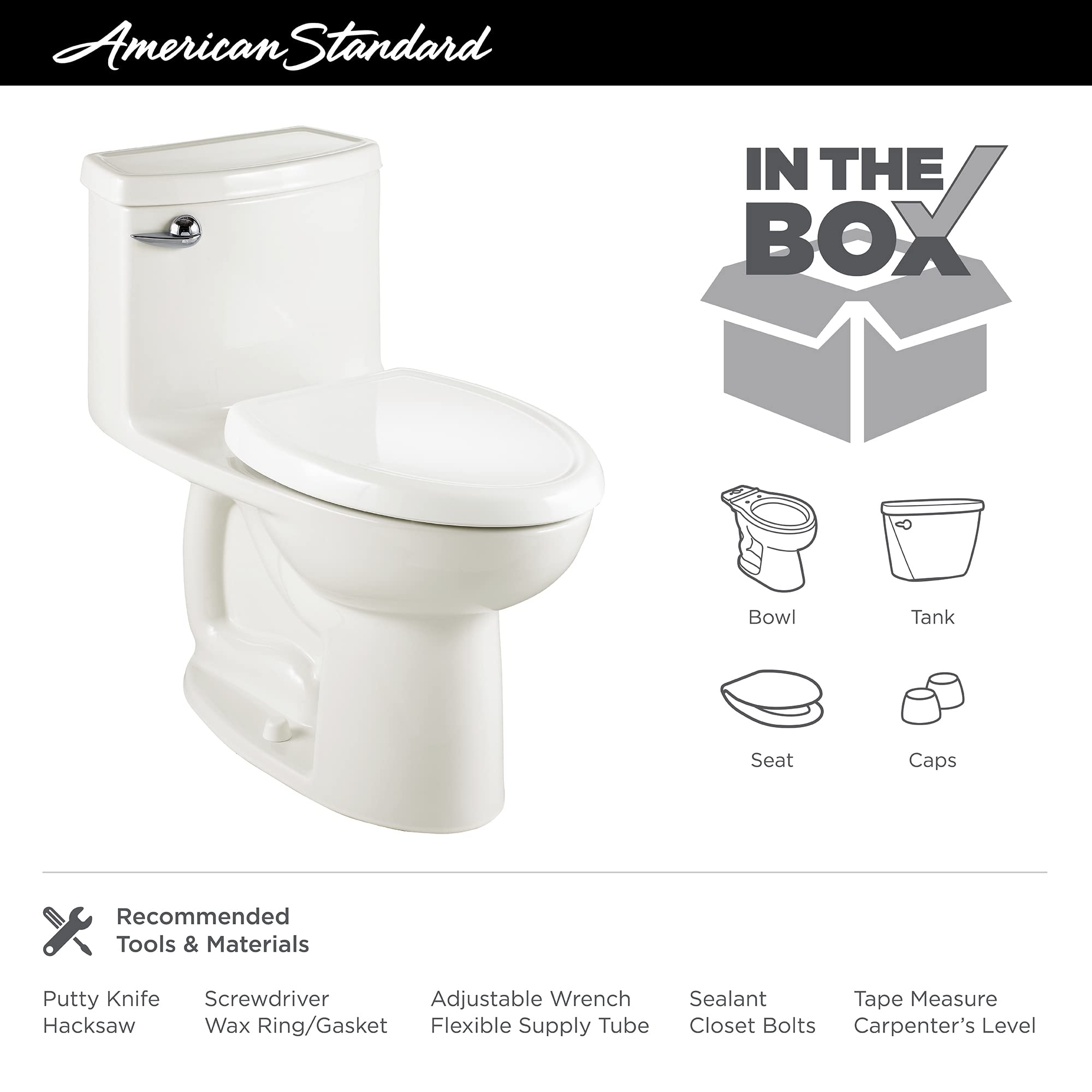American Standard 612AA001.020 Compact Cadet 3, One-Piece Toilet with Slow-Close Seat and Wax Ring, Elongated Front, Left-Hand Flush, White, 1.28 gpf