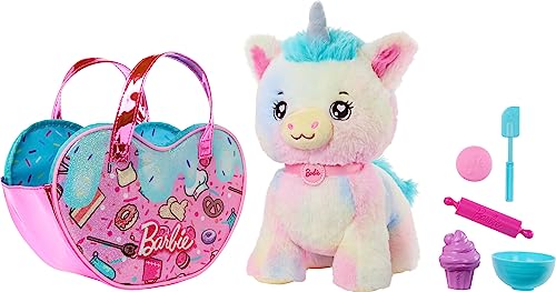 Barbie Stuffed Animals, Unicorn Toys, Plush Unicorn with Dessert-Themed Purse Playset and 5 Accessories, Chef Pet Adventure