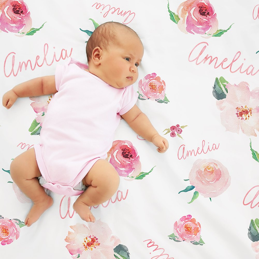 Personalized Fleece Baby Girl Blanket, Coral Pink Floral