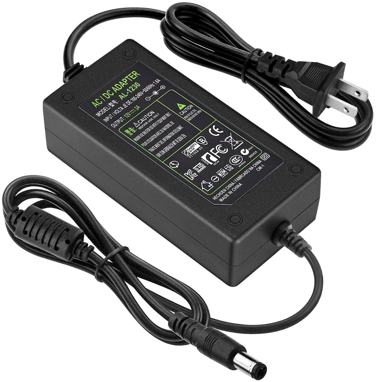 DC 12V 3A Power Adapter, US Plug, 4.6FT Power Cord, 36 Watt AC 100-240V to DC 12Volt Transformers, Switching Power Supply for LED Strip Light, Camera, Wireless Router 2.1mm X 5.5mm