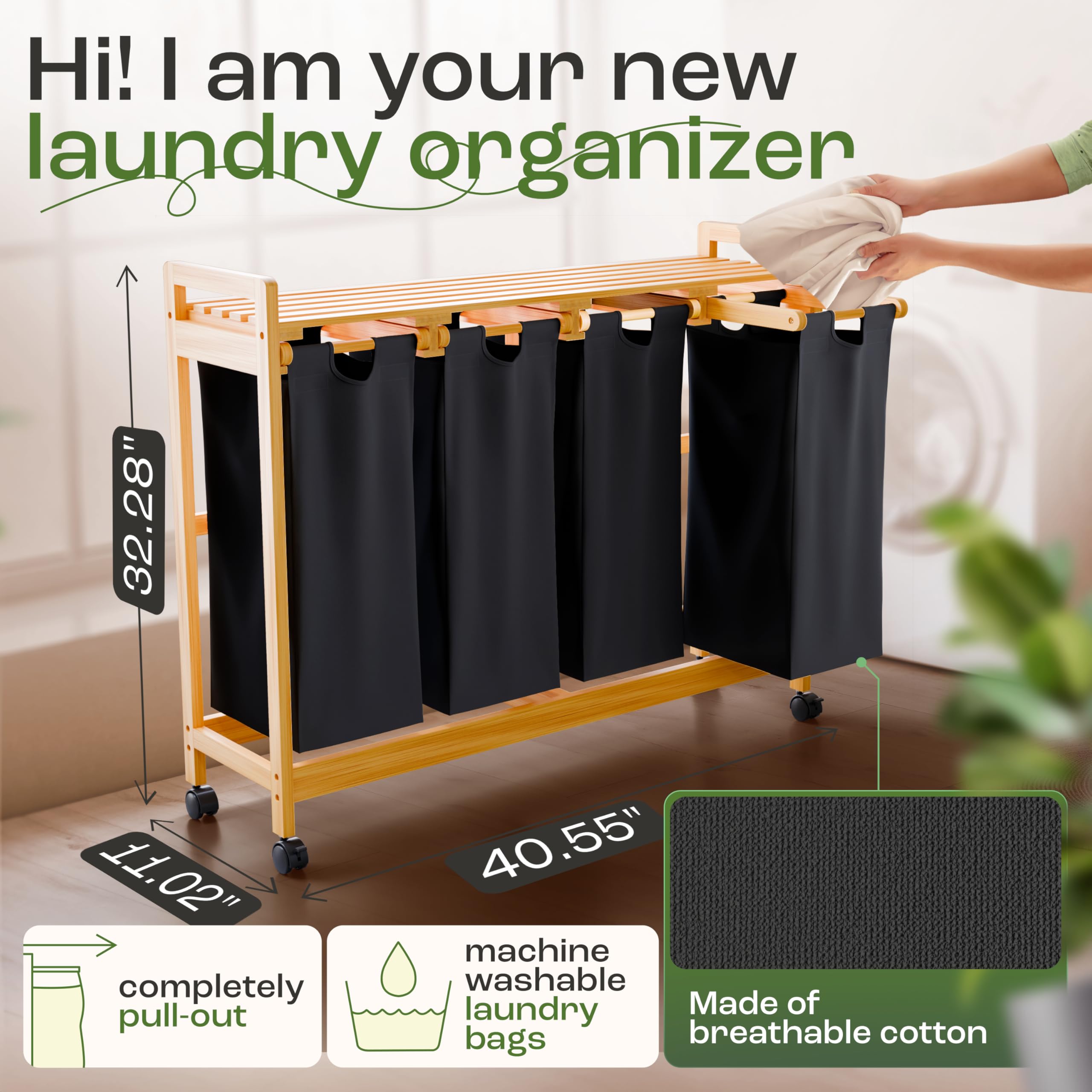 AMBIAVO Laundry Sorter with 4 Sections beige, Laundry Hamper with Removable Cotton Bags & Wheels โ Perfect Laundry Organizer - Eco-Friendly Rolling Laundry Basket โ Durable Bamboo and Stylish Design