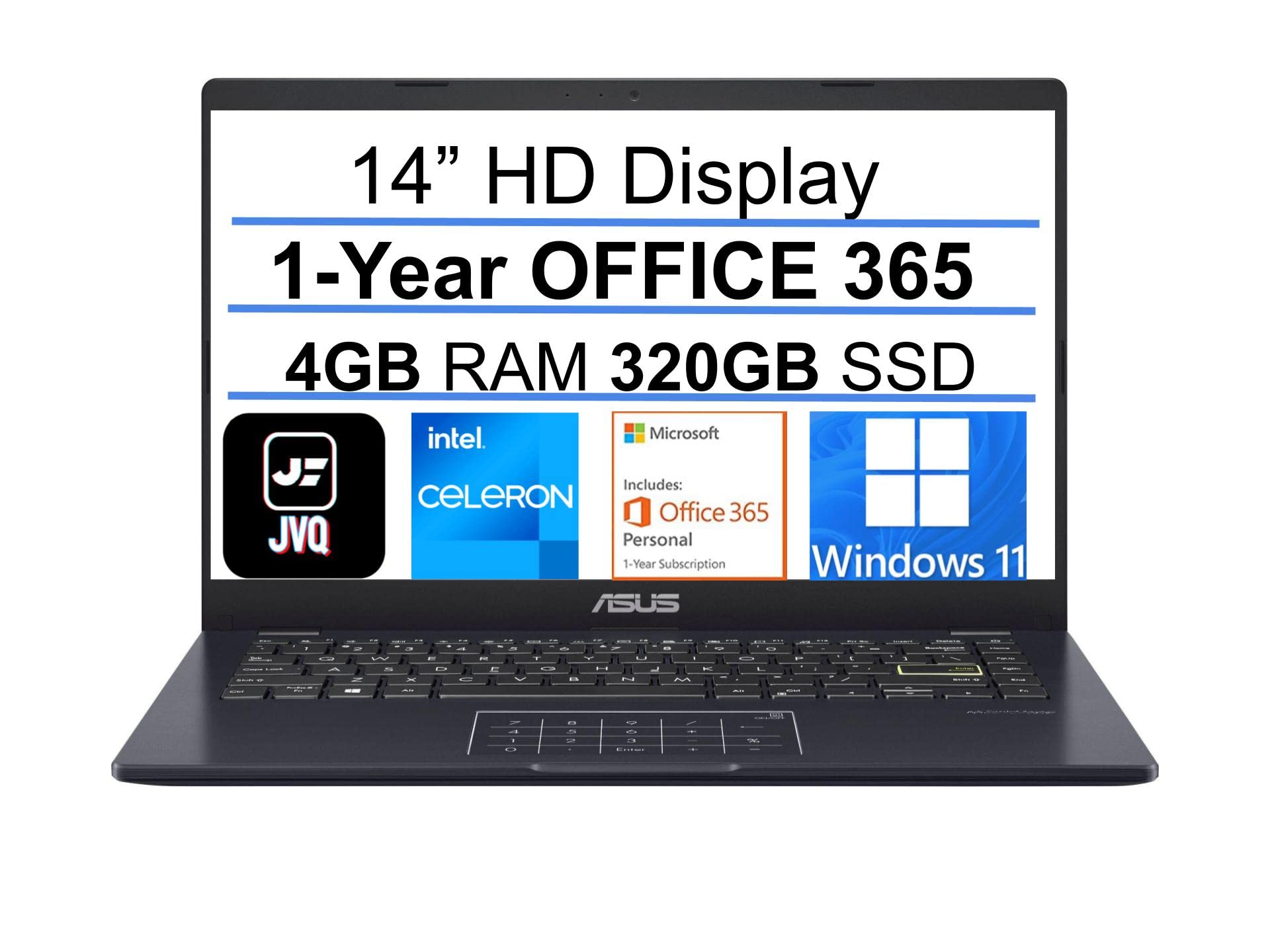 ASUS Newest 14" HD Laptop, Intel Celeron N4020 Processor(up to 2.8GHz), 320GB SSD(64GB eMMC+ 256GB SSD), 4GB RAM, Webcam, Intel HD Graphics, Bluetooth, Win11 S + 1 Year Office 365, Star Black