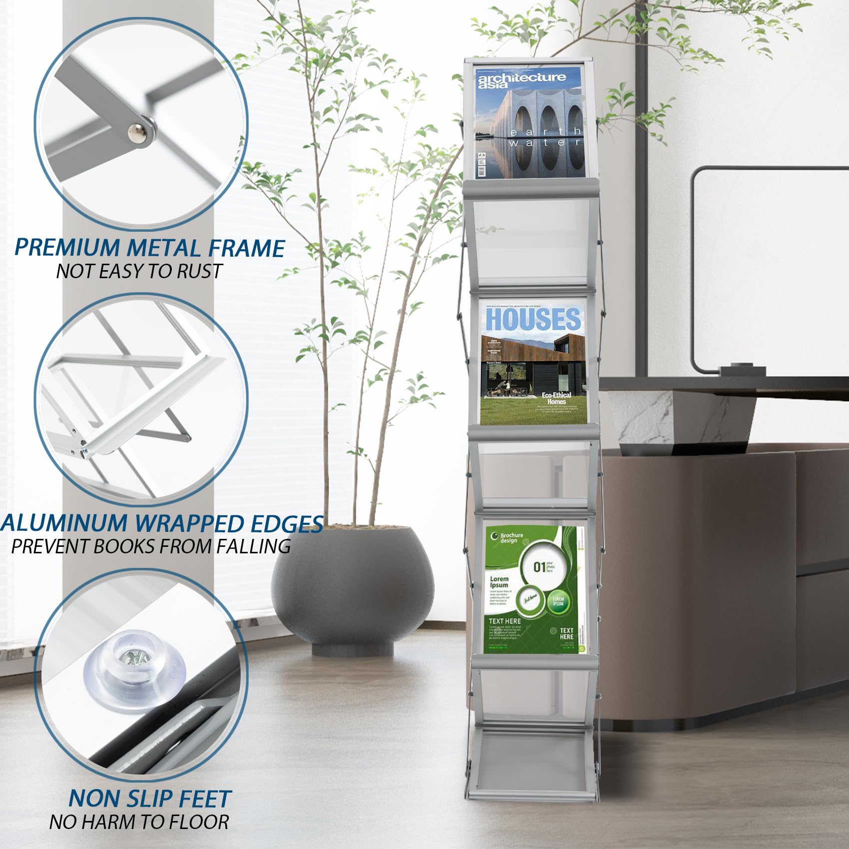 6 Pockets Literature Catalog Rack, Foldable Magazine Brochure Display Stand, Magazine Floor-Standing with Portable Oxford Bag, Aluminum Pop up Brochure Stand for Trade Show