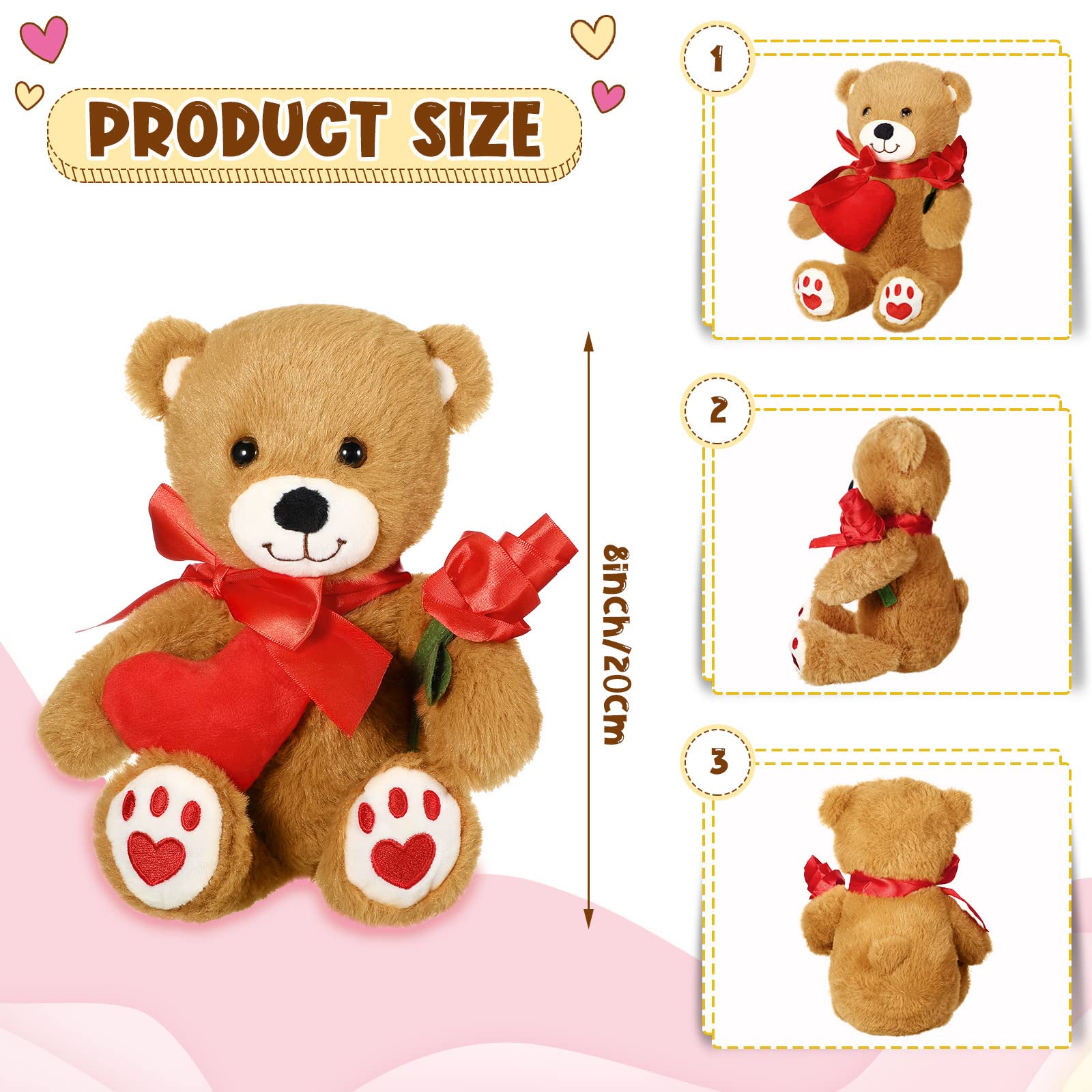 Cute Plush Bear with Rose and Red Heart Soft Plush Bear Stuffed Animal with Gift Bag for Mother's Day Present Lovely Bear for Kids Girlfriend Sofa Car Bedroom Decor, 8 Inches