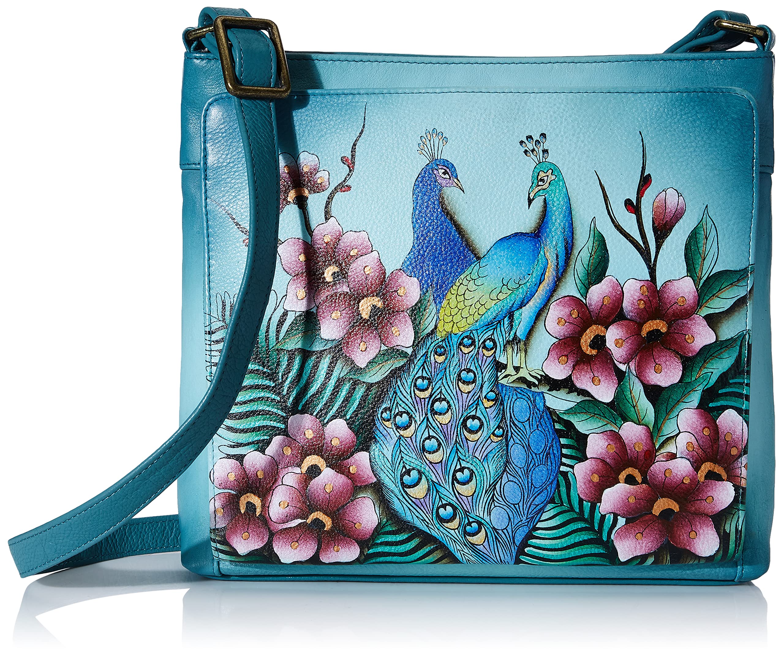 Anna by Anuschka womens Anna Anuschka Women s Genuine Leather Crossbody Organizer Hand Painted Exterior Peacock Lov, Peacock Love, One size US
