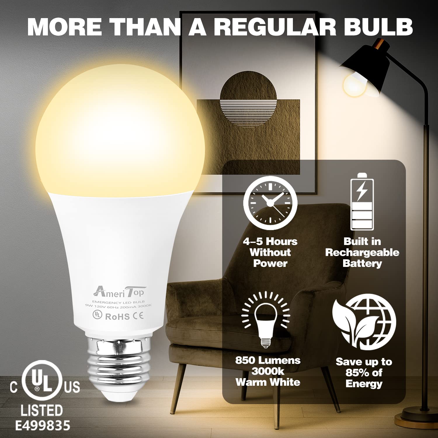AmeriTop Rechargeable Emergency LED Light Bulb - 2 Pack A19 Battery LED Bulbs for Power Outage Camping Outdoor Activity Hurricane 850 Lm 9W 60W Equivalent E26 Base Lighting Bulb (3000K Warm White)