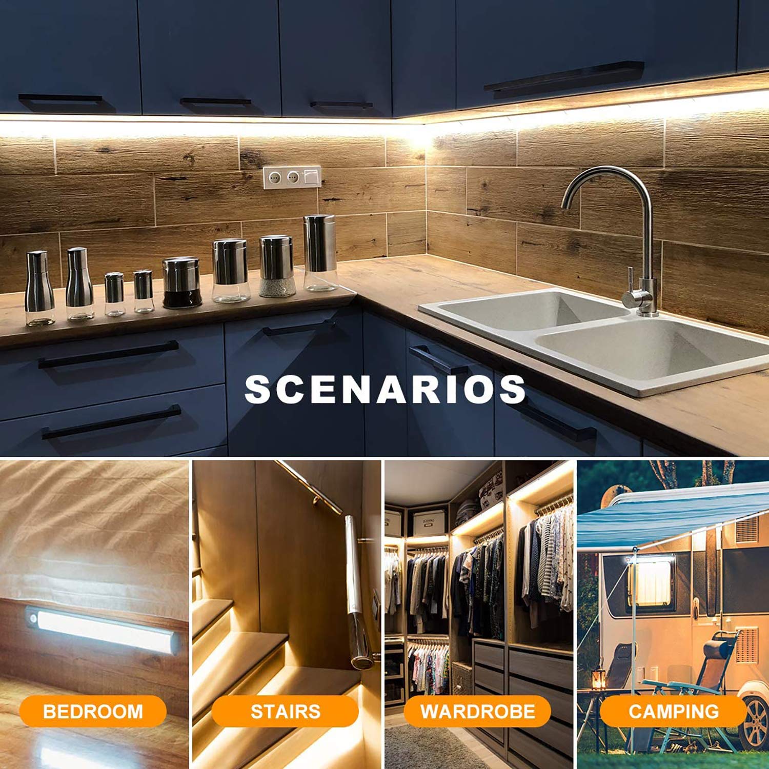 70-LED Under Cabinet Lights, 16 Inch Motion Sensor Under Counter Light with 1500 Mah Rechargeable Battery, Under Cabinet Lighting for Kitchen Wardrobe Hallway Stairs Camping