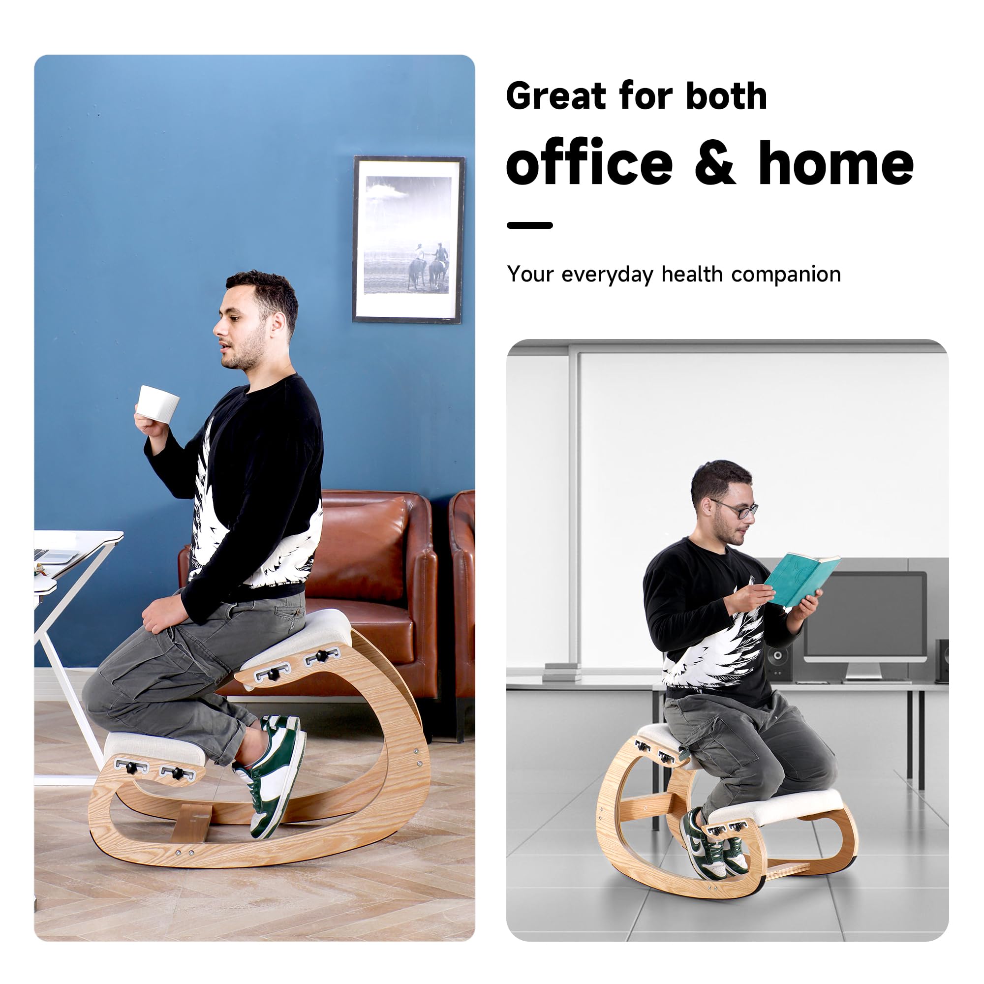 Adjustable Kneeling Chair, Wooden Ergonomic Rocking Chair - Improve Your Posture with an Angled Seat for Home,Office(White Oak)