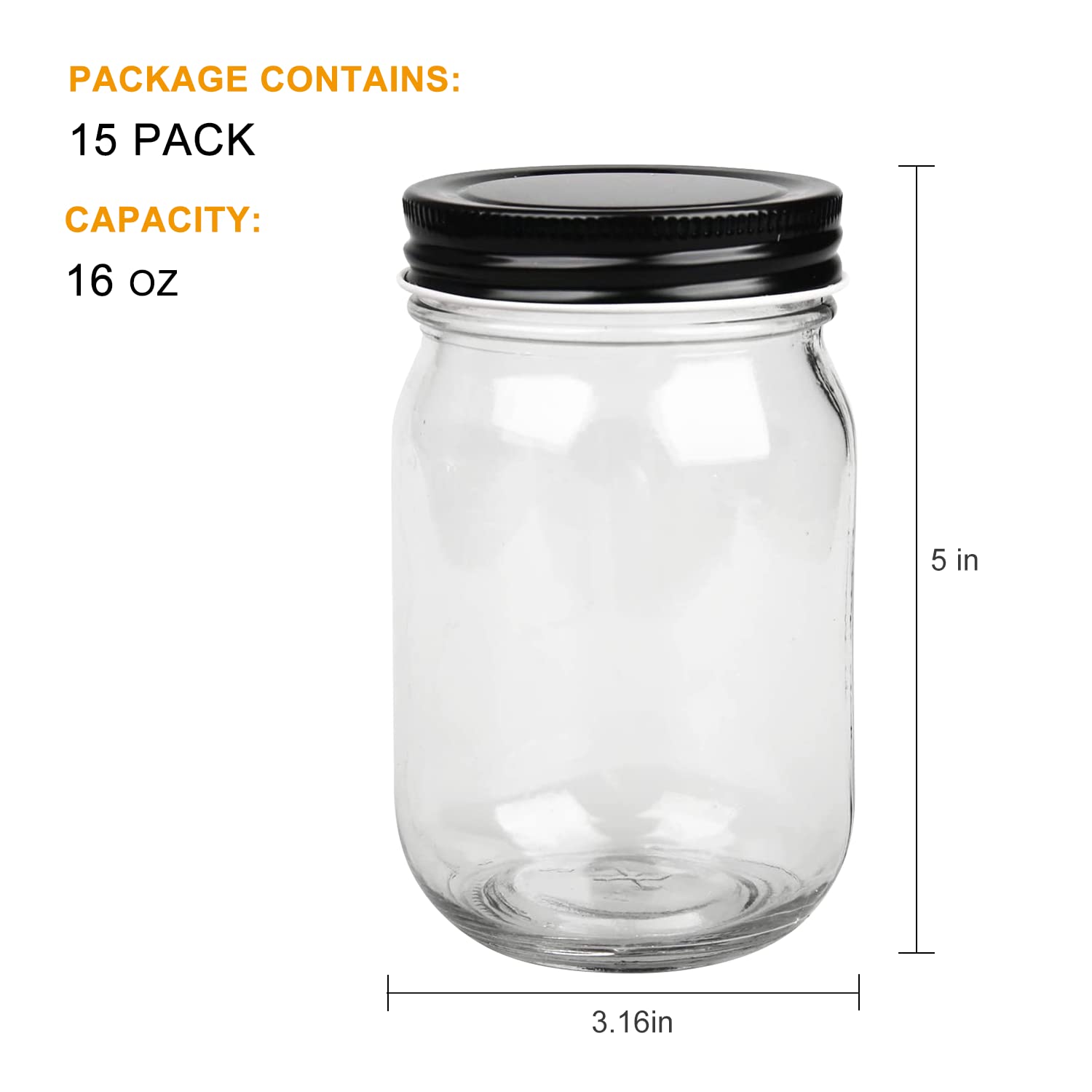 Accguan 16oz Glass Jars with Regular Lids, Mason Jar With Airtight Lids(Black), Clear Glass Jar Ideal for Jam,Honey,Shower Favors,Wedding Favors, 15 pack