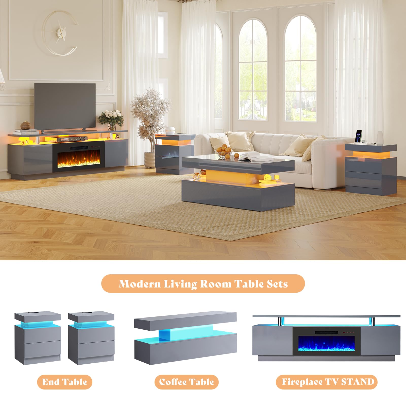 AMERLIFE 5 Piece Modern Living Room Table Set, Includes 70" Fireplace TV Stand, 2-Tier Coffee Table, 2 X Side Tables with Charging Station, LED Media Furniture, Grey