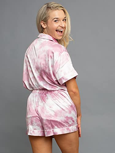 Belle's Design Women’s Tie Dye Short Sleeve Satin Silk Pajama Set Button Down 2 pieces Loungewear Sleepwear (Dusty Pink, XX-Large)