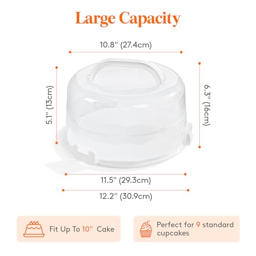 Lifewit Cake Carrier with Lid and Handle, Two Sided Cupcake Carrier Holder for 10β Cake or 9 Standard-Sized Cupcakes, Plastic Round Cake Transport Storage Container Stand for Pies and Cookies, White