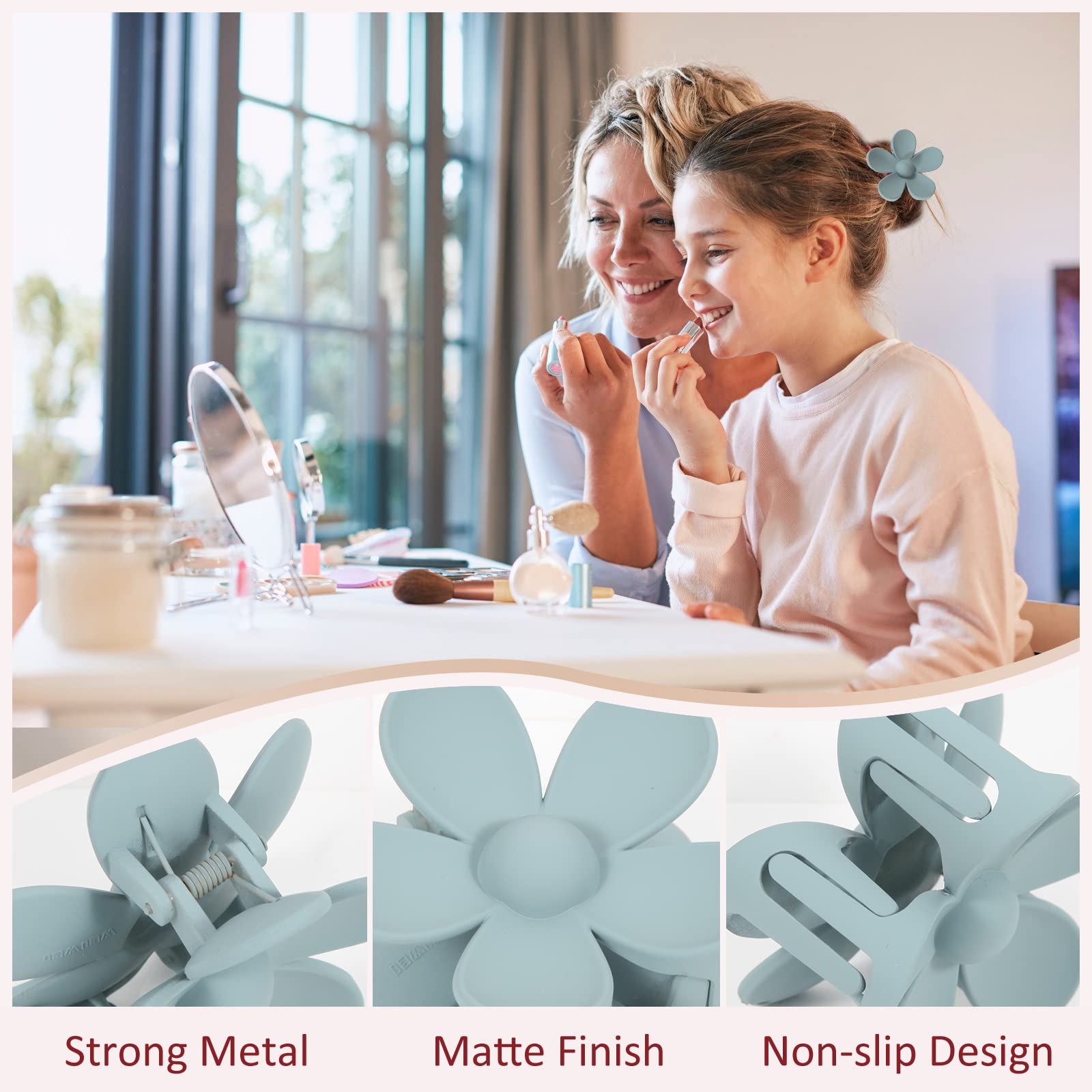 8 Pack Medium Flower and Square Hair Clips, 3.5" Cute Matte Claw Clips for Women and Girls, 2 Styles for Thick and Thin Hair