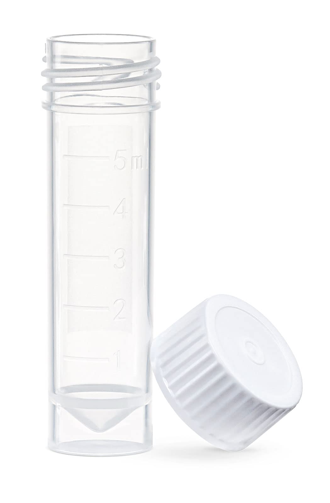 Globe Scientific 6101S Polypropylene Molded Graduations Conical Bottom Self Standing Transport Tubes with Attached White Polyethylene Screw Cap, Sterile, 5ml Capacity, Pack of 500