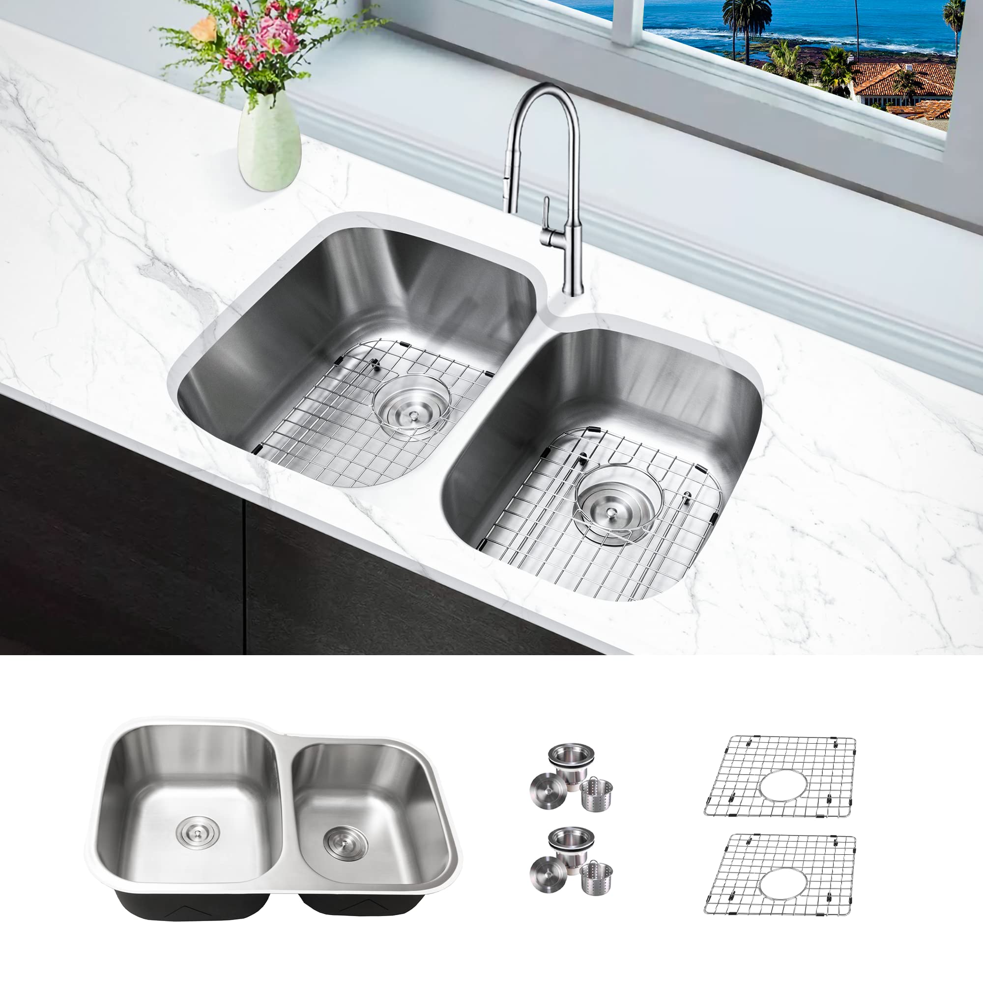 KABCO 32 Inch 18 Gauge Undermount Stainless Steel Classic Kitchen Sink, Rust Resistant, Sound and Heatproof, Double Unequal Bowl Swirl Finish Sink with Sink Strainers, Garbage Baskets and Sink Grids