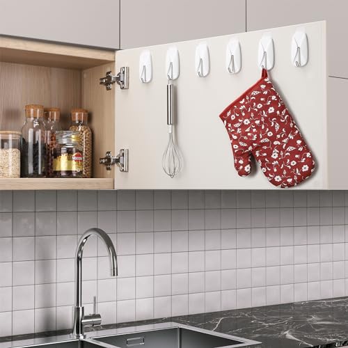 ALOCEO Kitchen Wall Hooks, No Damage Sticker Hooks, Plastic Hooks for Shower, Bathroom, Removable Hooks for Hanging up to 2.2 lbs, 12 White Hooks and 13 Adhesive Strips