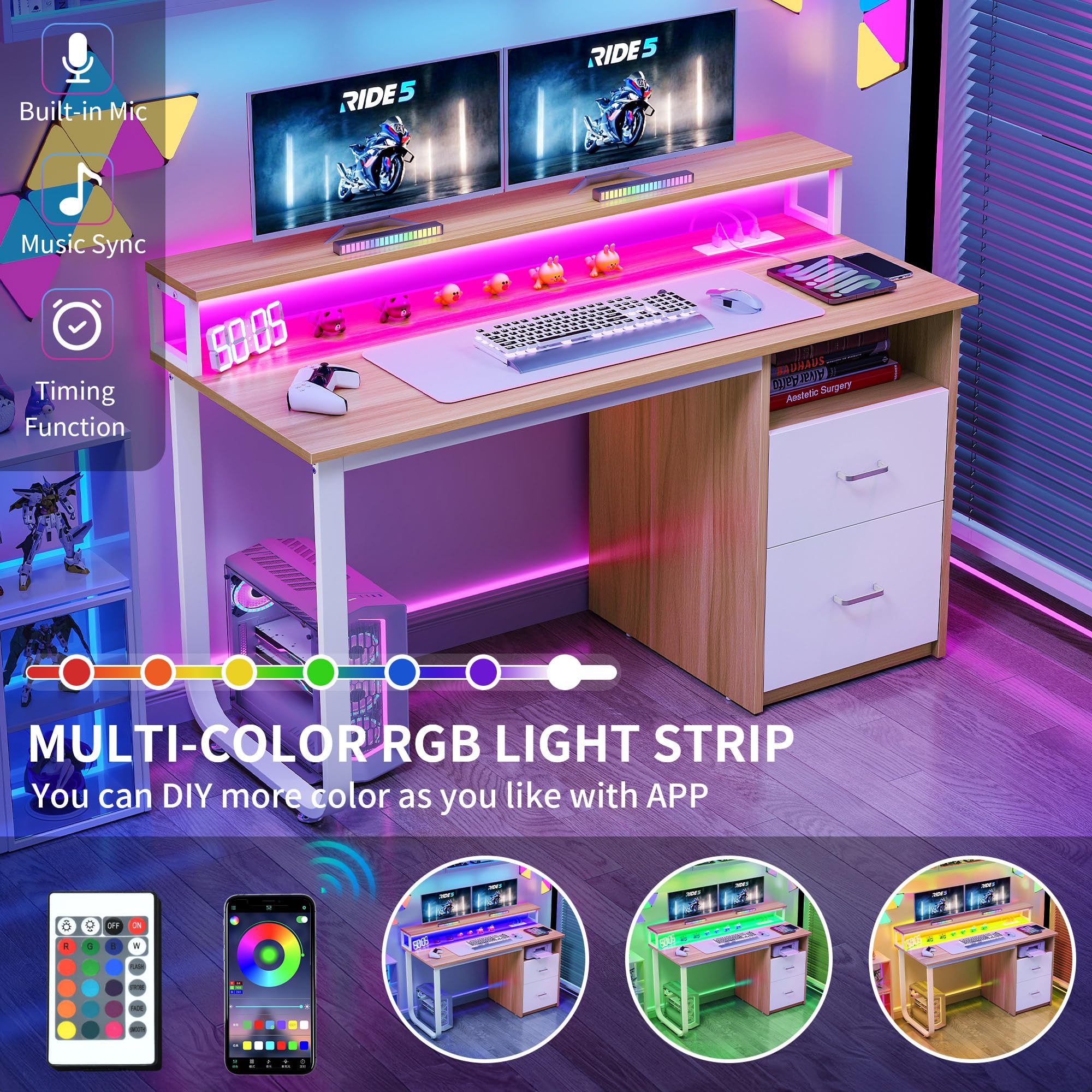 YITAHOME Computer Desk with Drawers, 47.2" Office Desk with Power Outlets & LED Light, Home Office Desk with Storage Shelves, Wood Grain