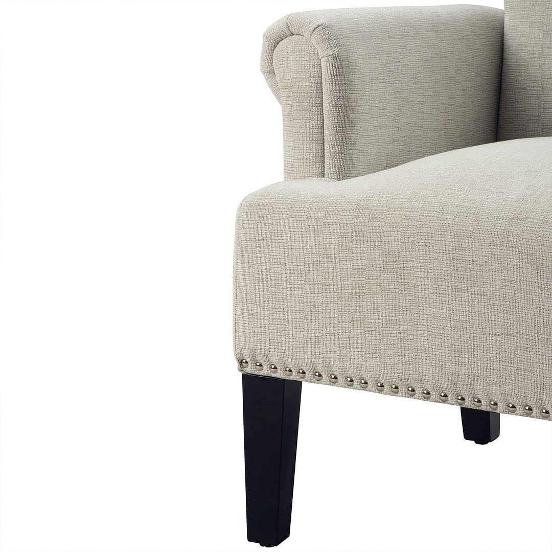 Accent Chair with Rivet Tufted Scroll Arm, Tufted Polyester Upholstery, Wood Legs, Cream for Bedroom and Living Room