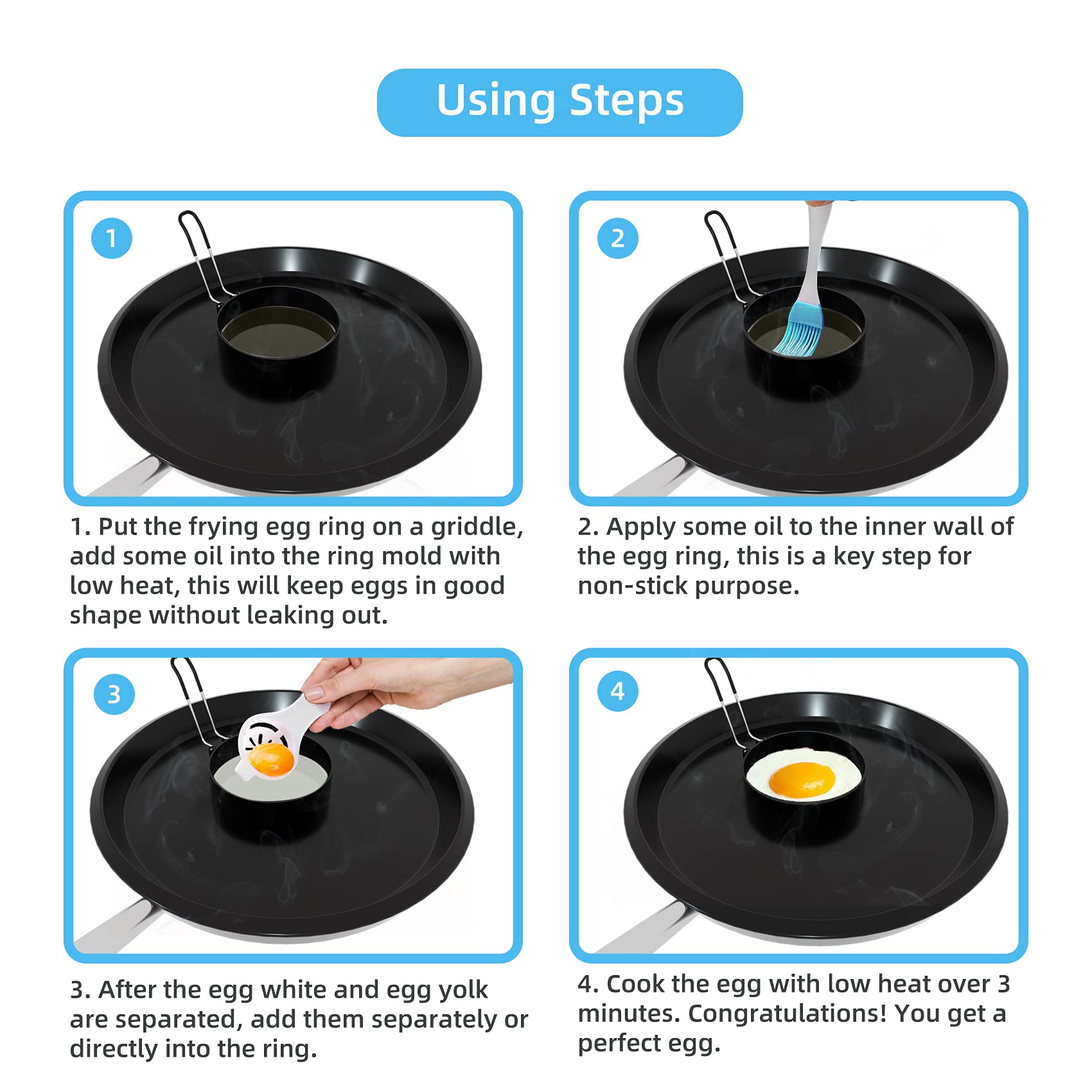 Ameupin 8" Omelet Ring, 6" Pancake Ring, 3.5" Egg Ring for Griddle Frying Eggs (Upgrade Large 3 Pack Stainless Steel Non Stick Round Cooking Rings Molds with Oil Brush and Egg Separator)