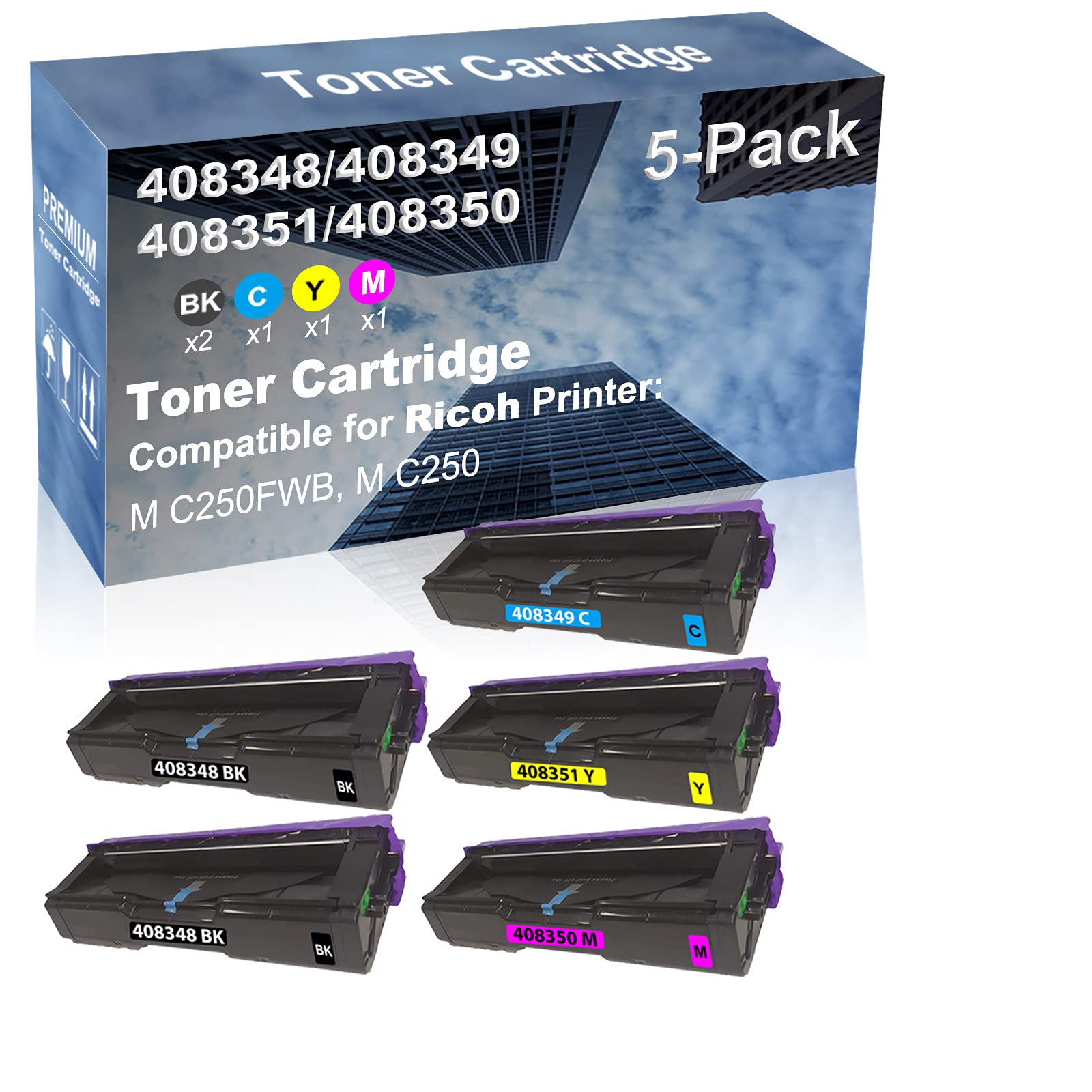 5-Pack (2BK+C+Y+M) Compatible High Yield 408348+ 408349+ 408351+ 408350 Laser Printer Toner Cartridge Used for Ricoh M C250FWB, M C250 Printer