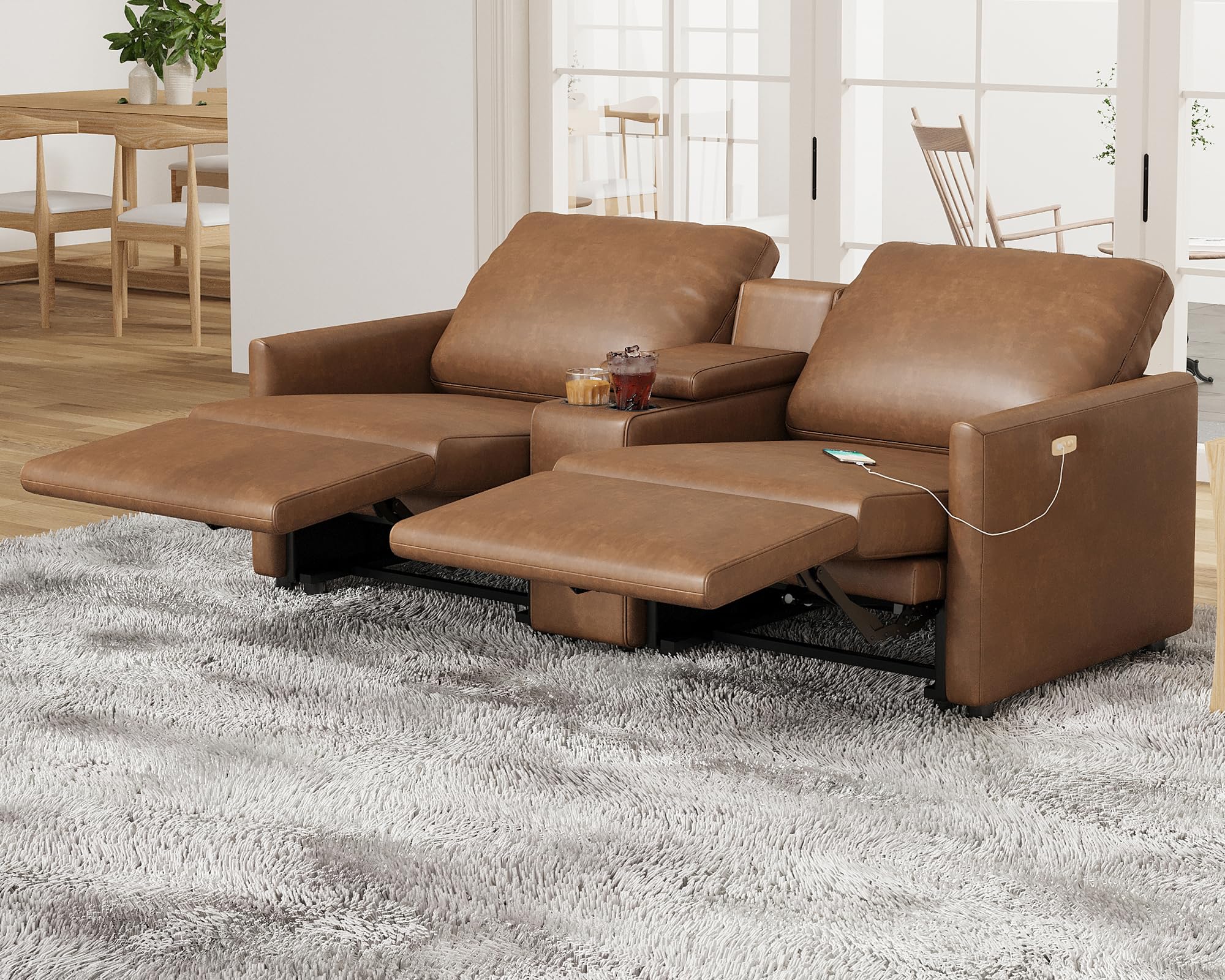 AMERLIFE Power Recliner, Reclining Sectional Sofa with Console& Dual Recliner, Loveseat Recliner Couch with Cup Holder& Charging Socket, Leather Modular Sofa for Living Room