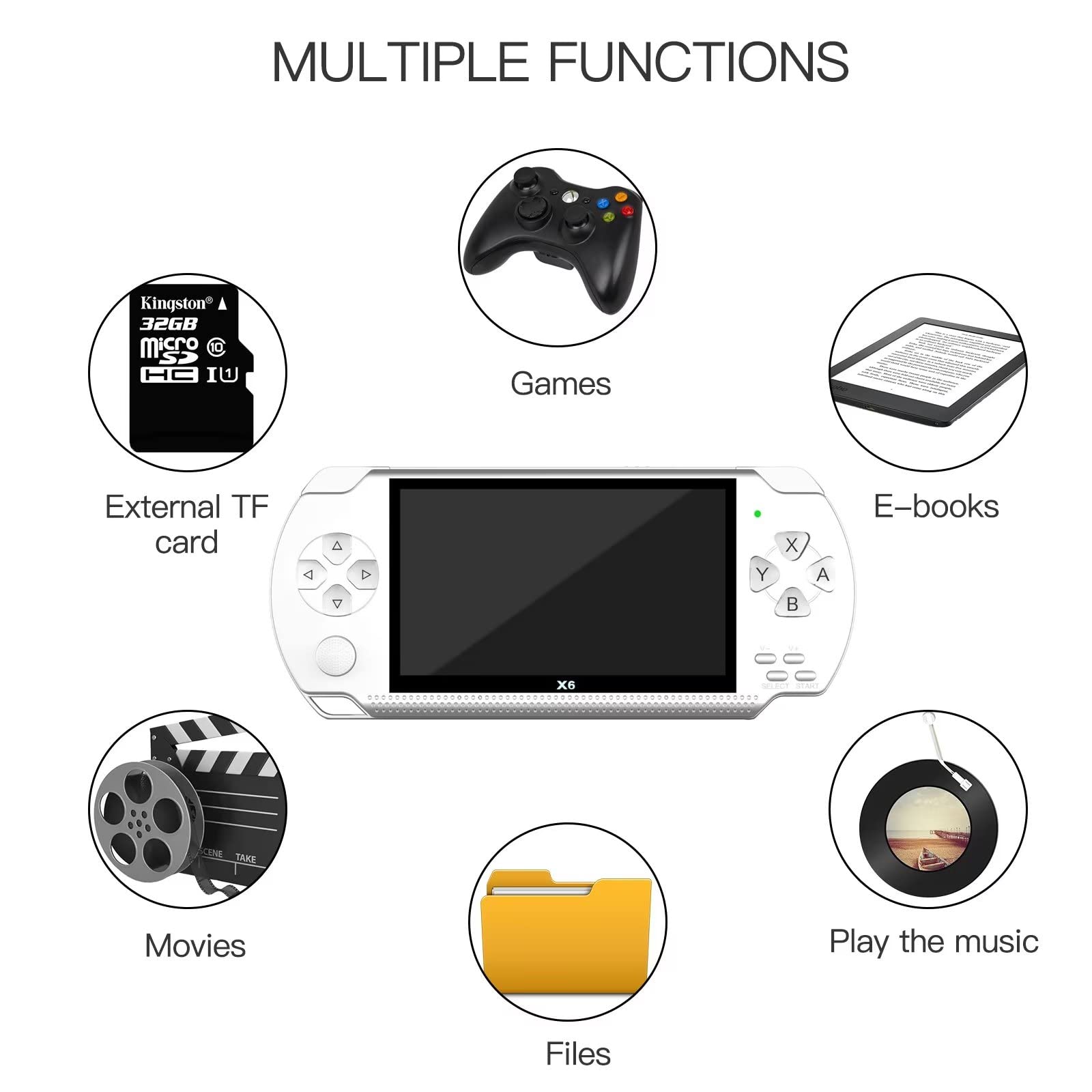 4.3" 8GB 128 Bit Retro Handheld Game Console Portable Video Game Built-in 10000 Games and Supports for Image Browsing and Interface Display - White