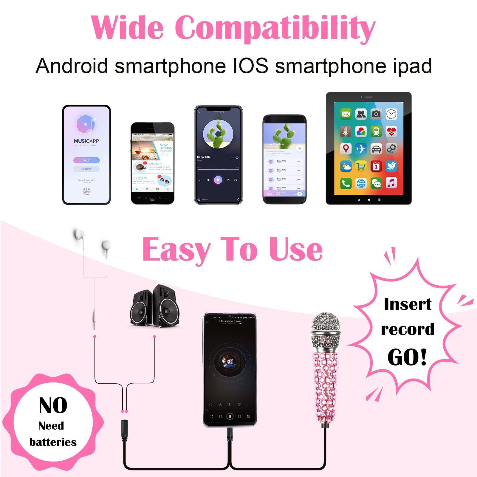 5PCS Mini Microphone Portable Vocal Instrument Tiny Phone Microphone Asmr Karaoke Microphone with 5 Pieces Rhinestone Stickers | 3.5mm Audio Connector Suitable for Apple Android Mobile Phone Laptop