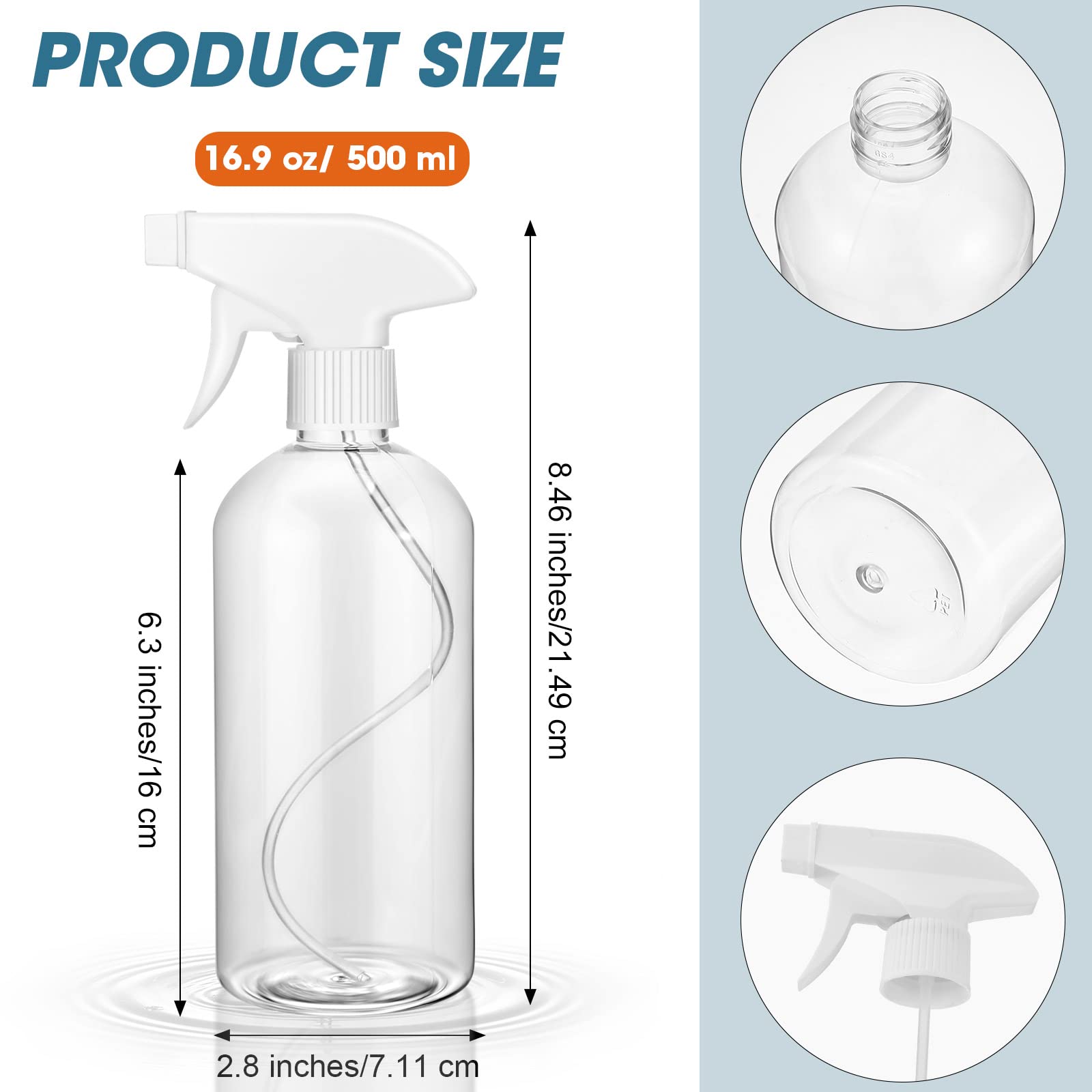 8 Packs 16.9 oz Plastic Spray Bottle Clear Empty Spray Bottles Refillable Container Squirt Bottle with Adjustable Head Sprayer and Stream Water Spray Bottle for Hair, Essential Oils, Cleaning Products